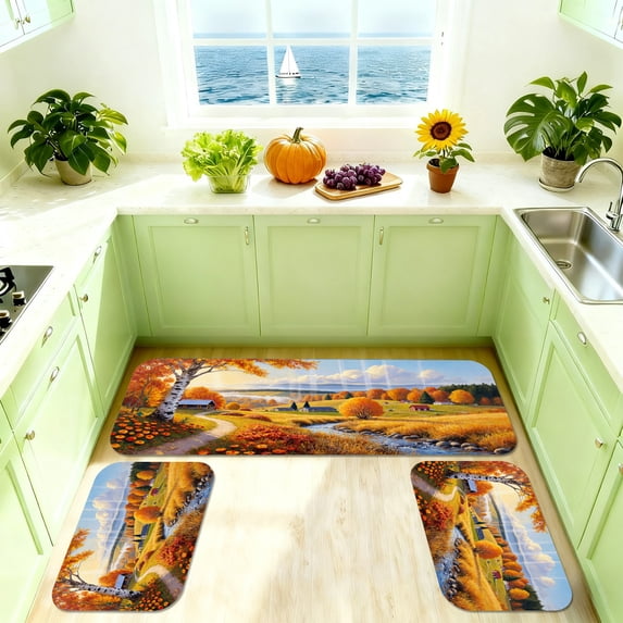 Autumn Landscape Cottage Stream Kitchen Rugs Set, 3PC Non-Skid Flannel ...