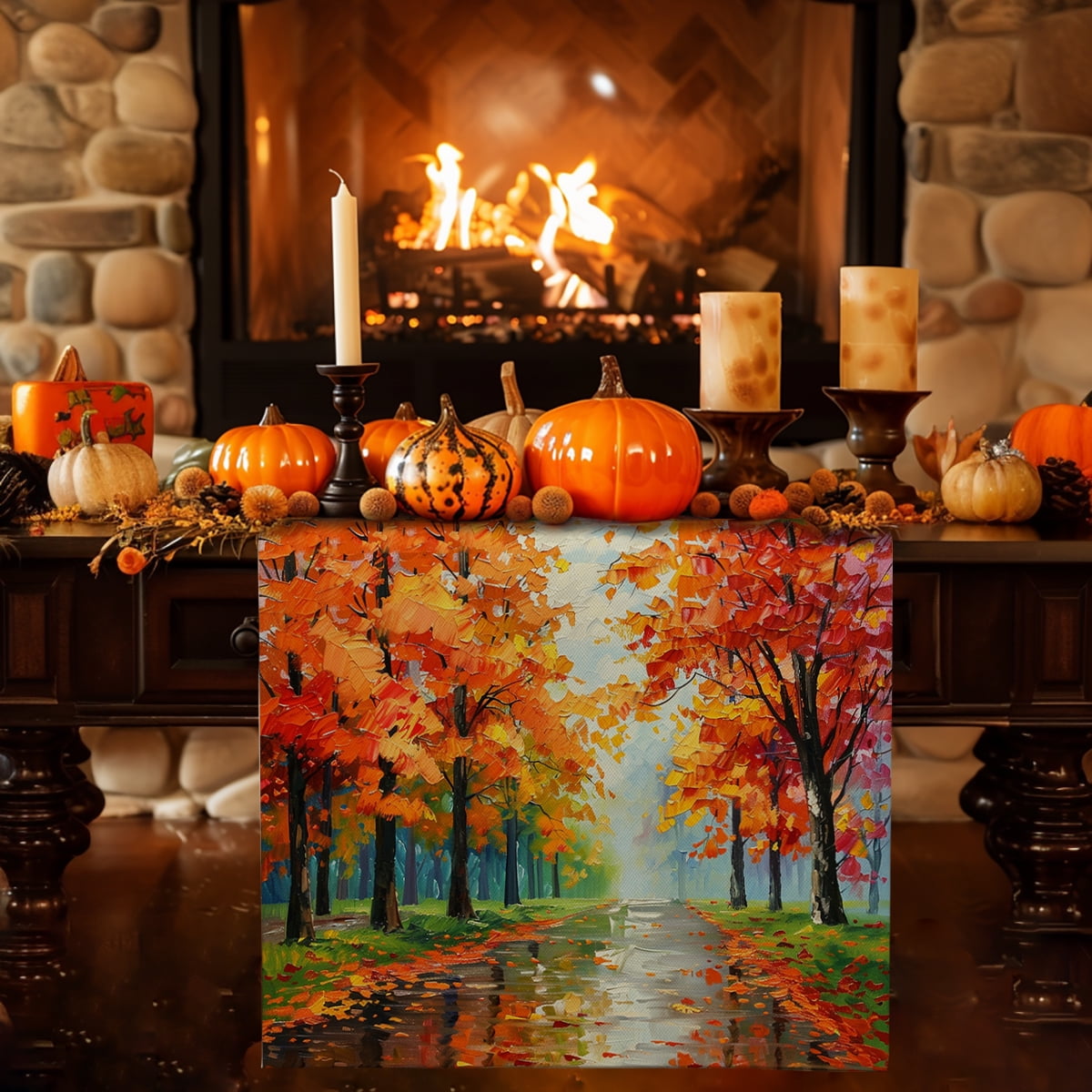 Autumn Landscape Oil Painting Maple Leaf Path Table Runners Dresser ...
