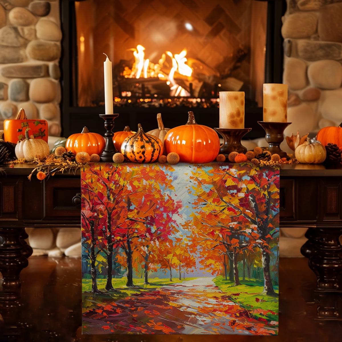 Autumn Landscape Oil Painting Maple Leaf Path Table Runners Dresser ...