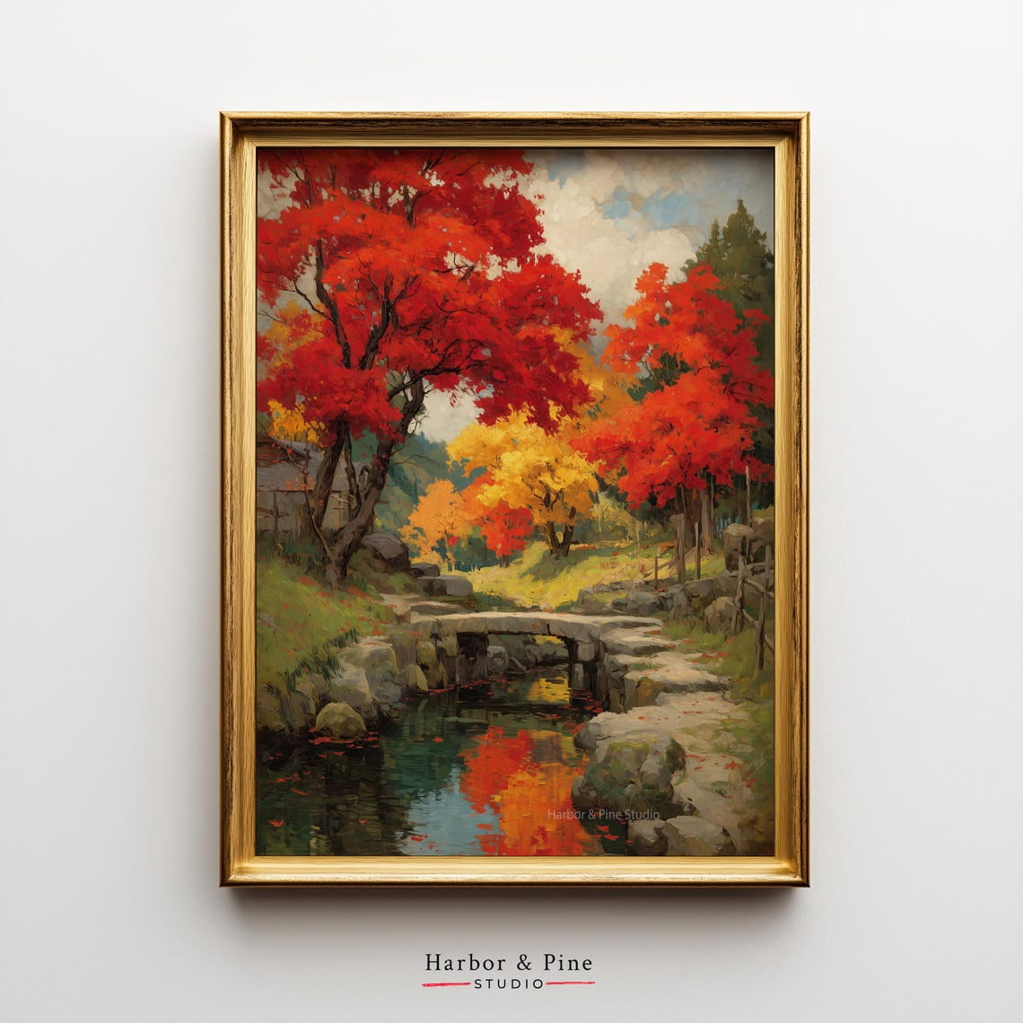 Autumn Landscape Red Maple Trees Stone Bridge Art, Unframed Paper ...