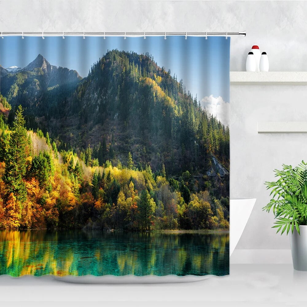 Autumn Landscape Shower Curtain Mountain Water Plant Forest Natural ...