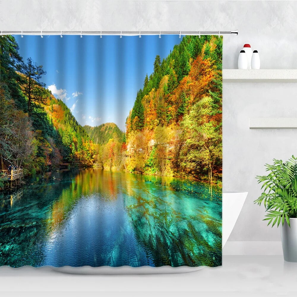 Autumn Landscape Shower Curtain Mountain Water Plant Forest Natural ...