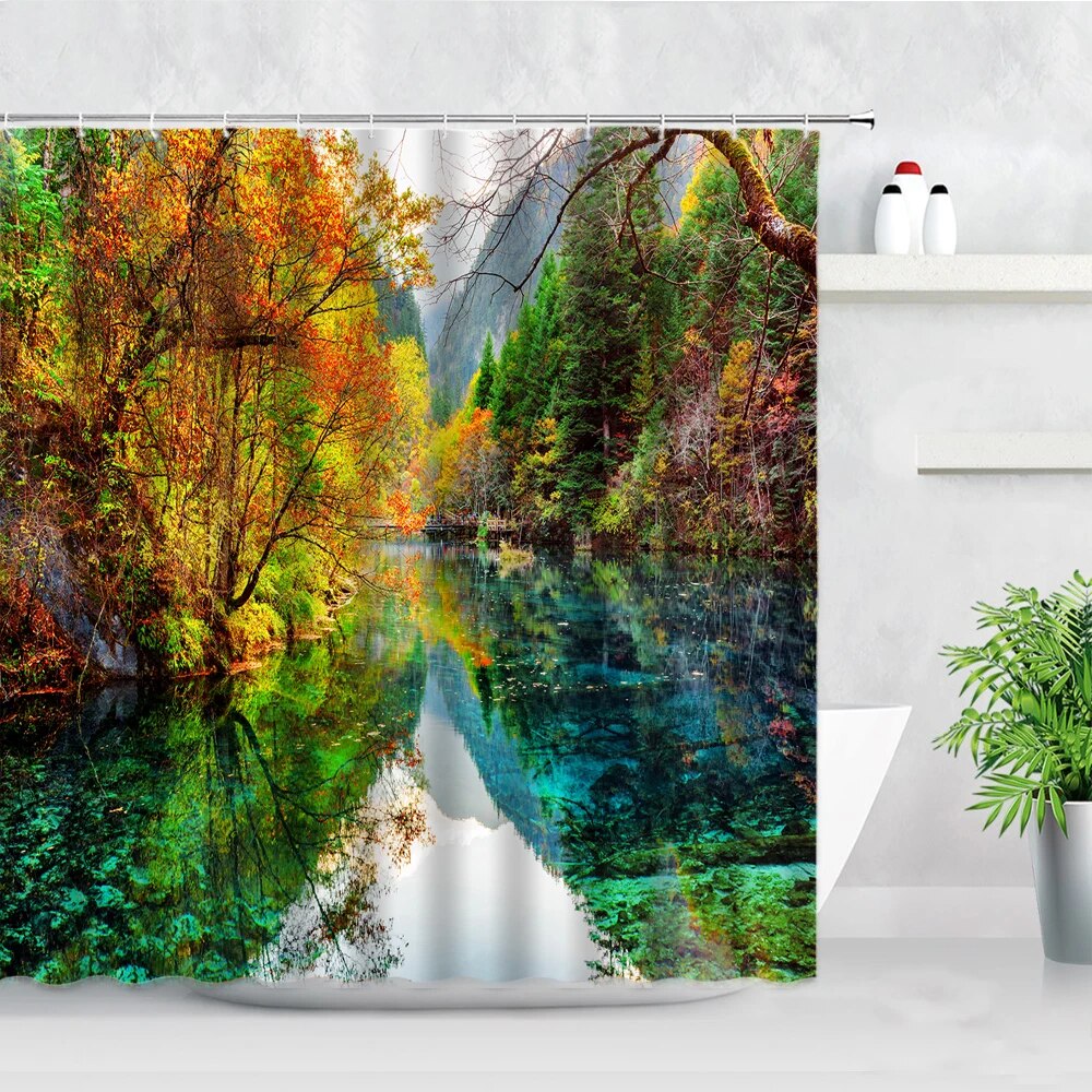 Autumn Landscape Shower Curtain Mountain Water Plant Forest Natural ...