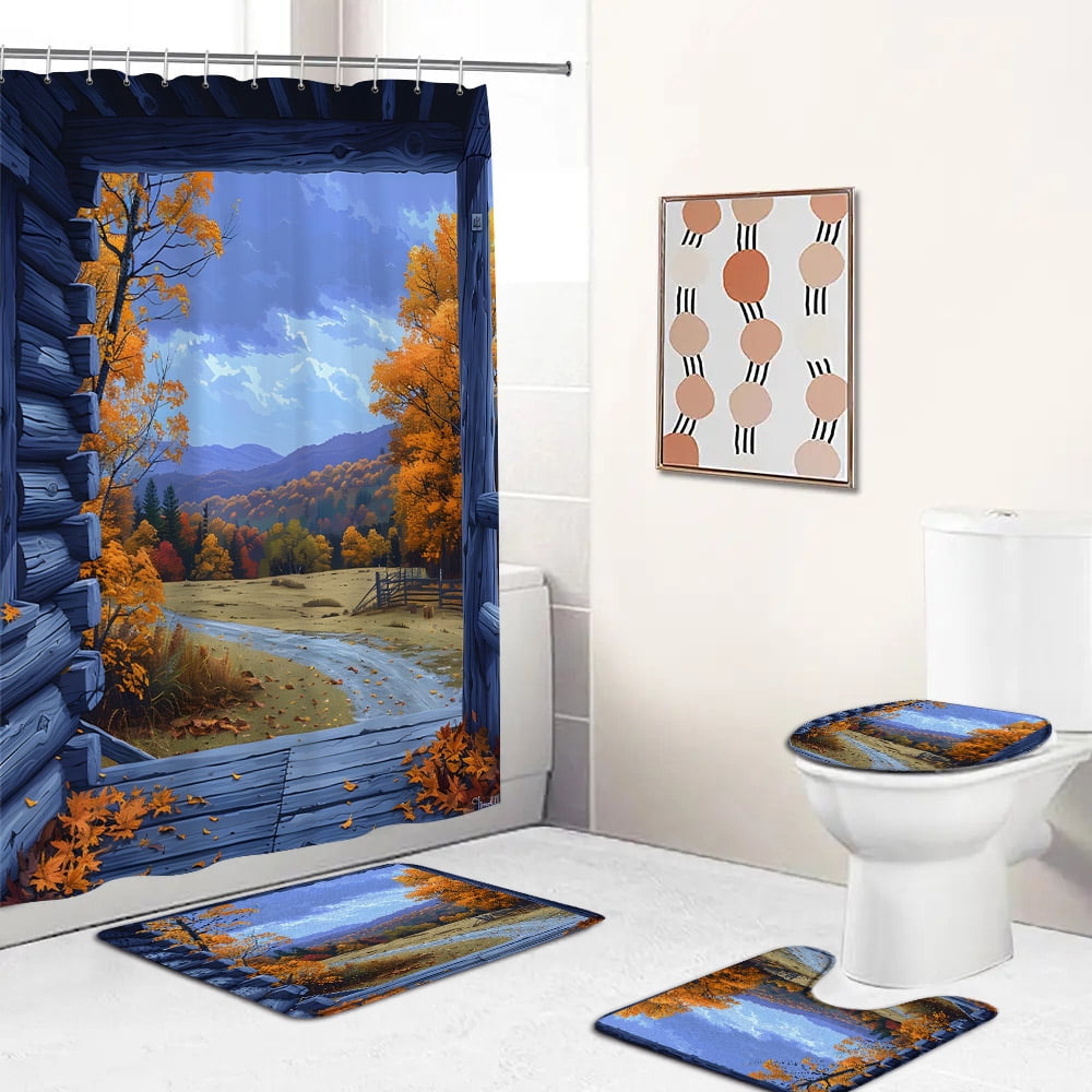 Autumn Landscape Shower Curtain Set Maple Leaf Forest Waterfall Fall ...