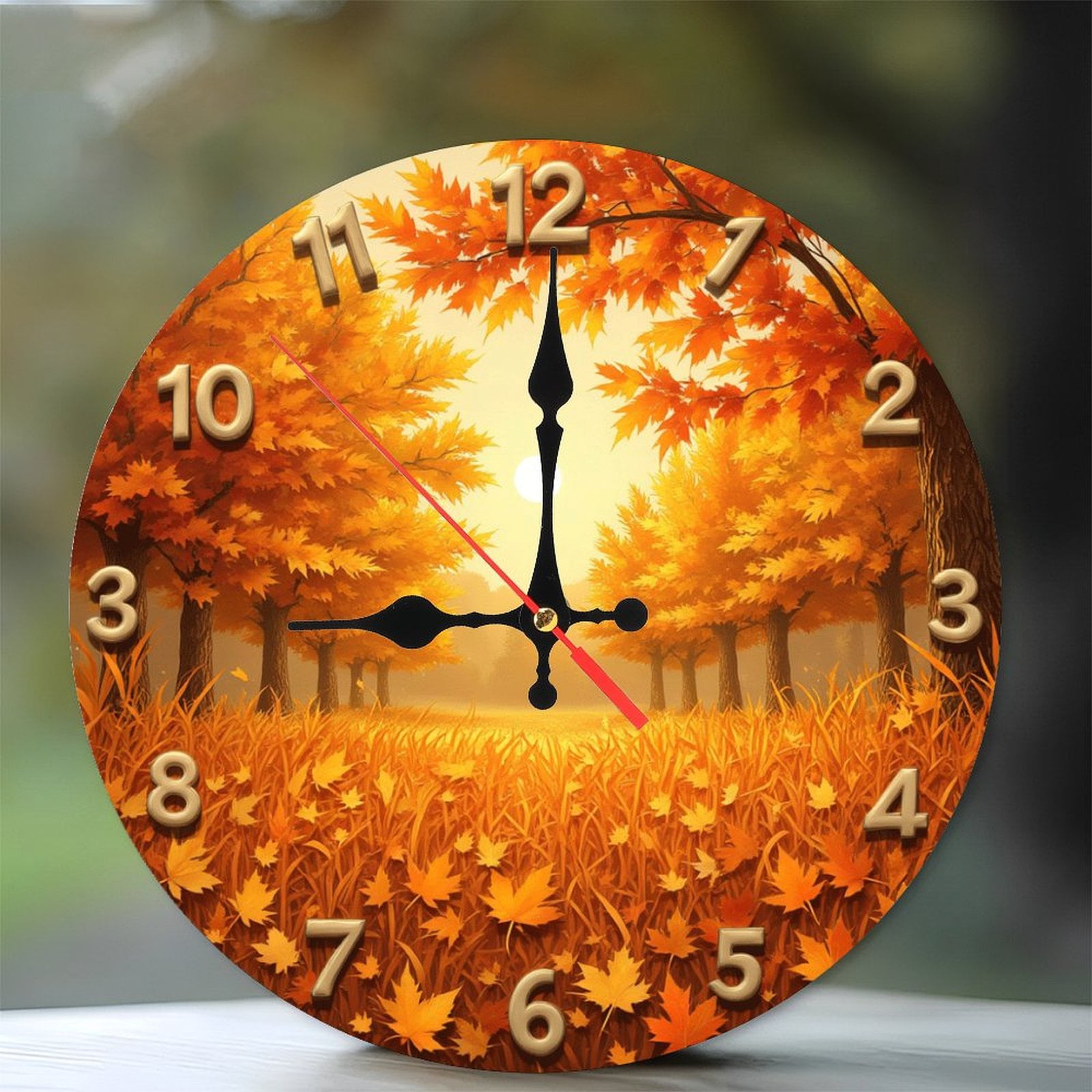 Autumn Landscape Wall Clock Golden Maple Leaves 10-Inch Silent Wooden ...