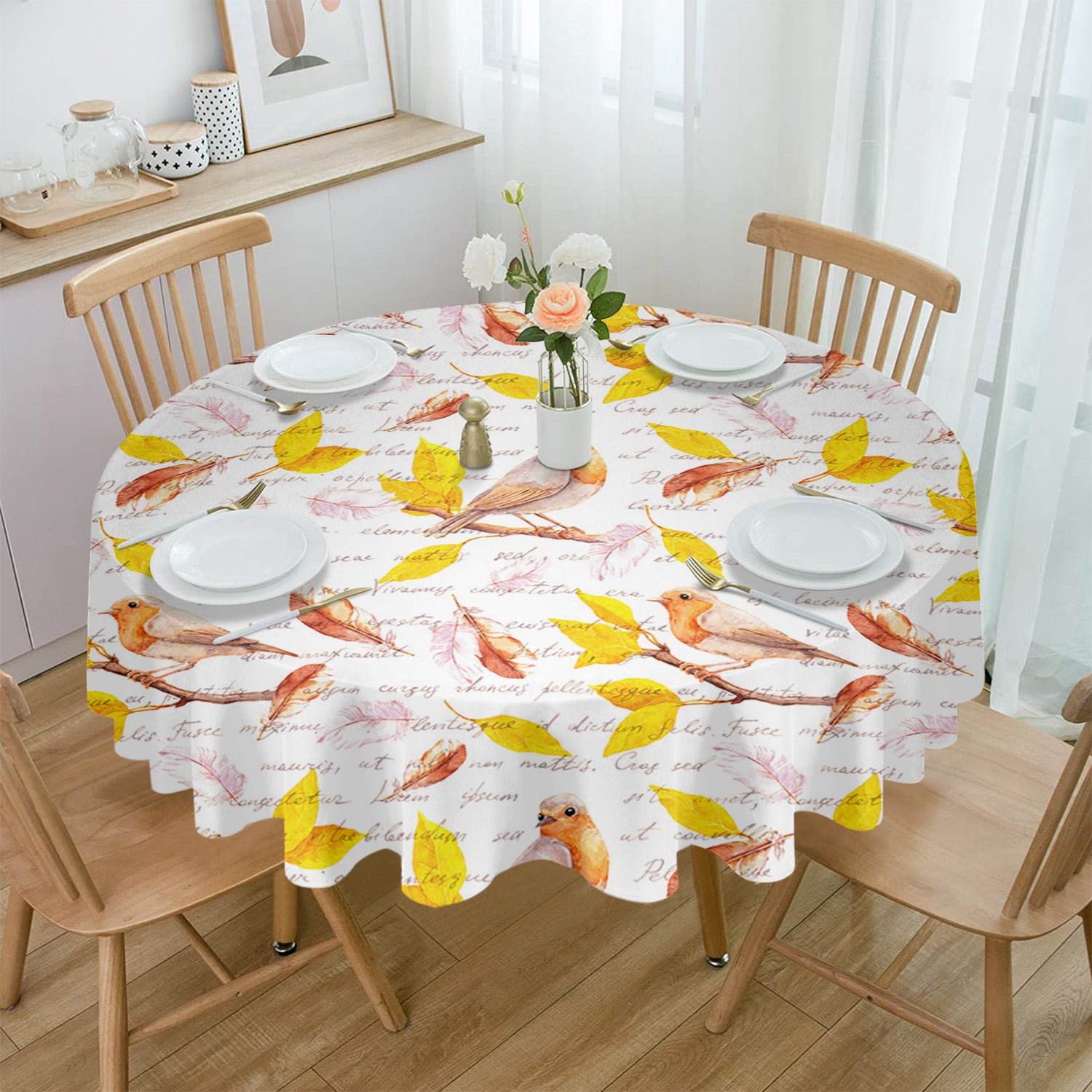 Autumn Leaf Bird Round Tablecloth Party Kitchen Dinner Table Cover ...
