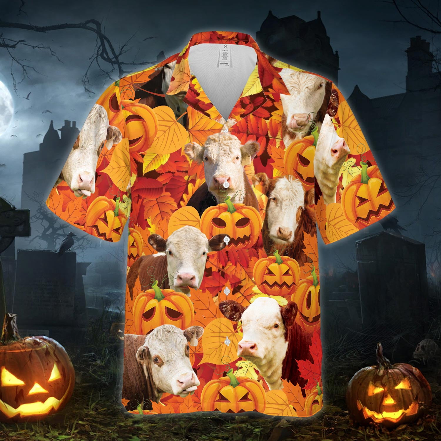 Autumn Leaf Hereford Cattle Pumpkin Hawaiian Shirt Halloween Hawaii ...