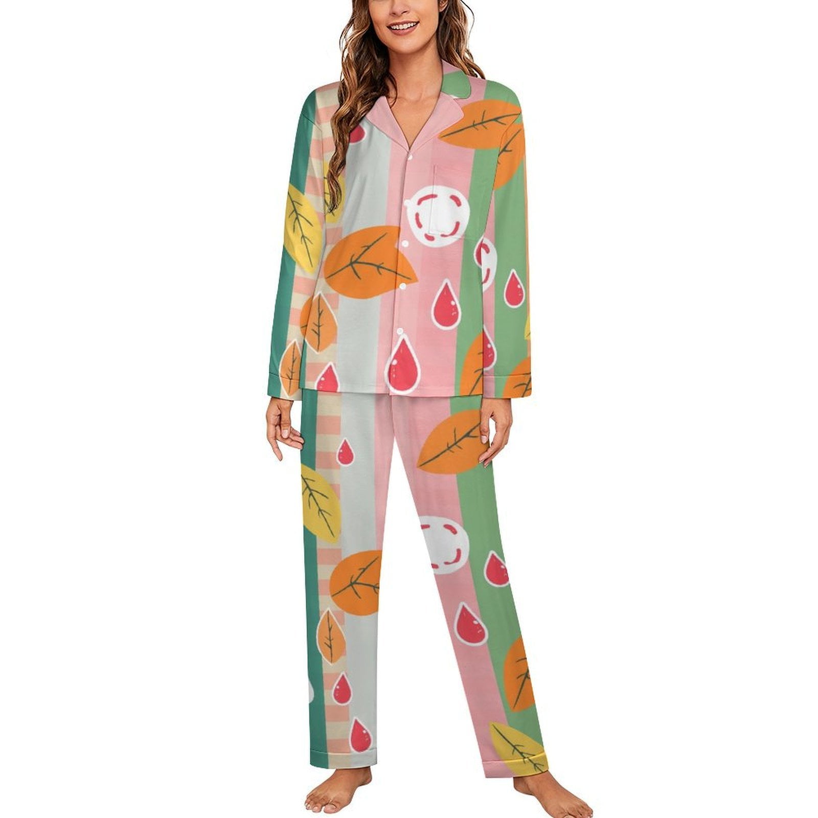 Autumn Leaf Pattern Design Pajamas Night V Neck Nightwear Lady Two ...