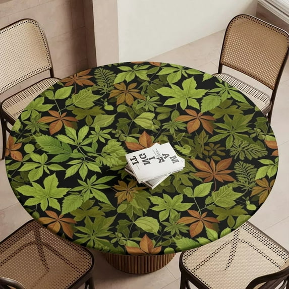 Autumn Leaf Pattern Round Table Cover Kitchen Printed Waterproof Tablecloth Elastic Edged ...