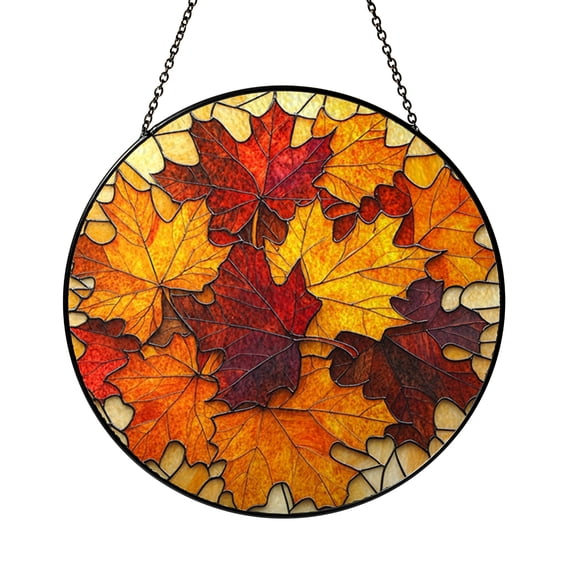 Autumn Leaf Pattern Stained Glass Style Suncatcher Round Window Hanging ...