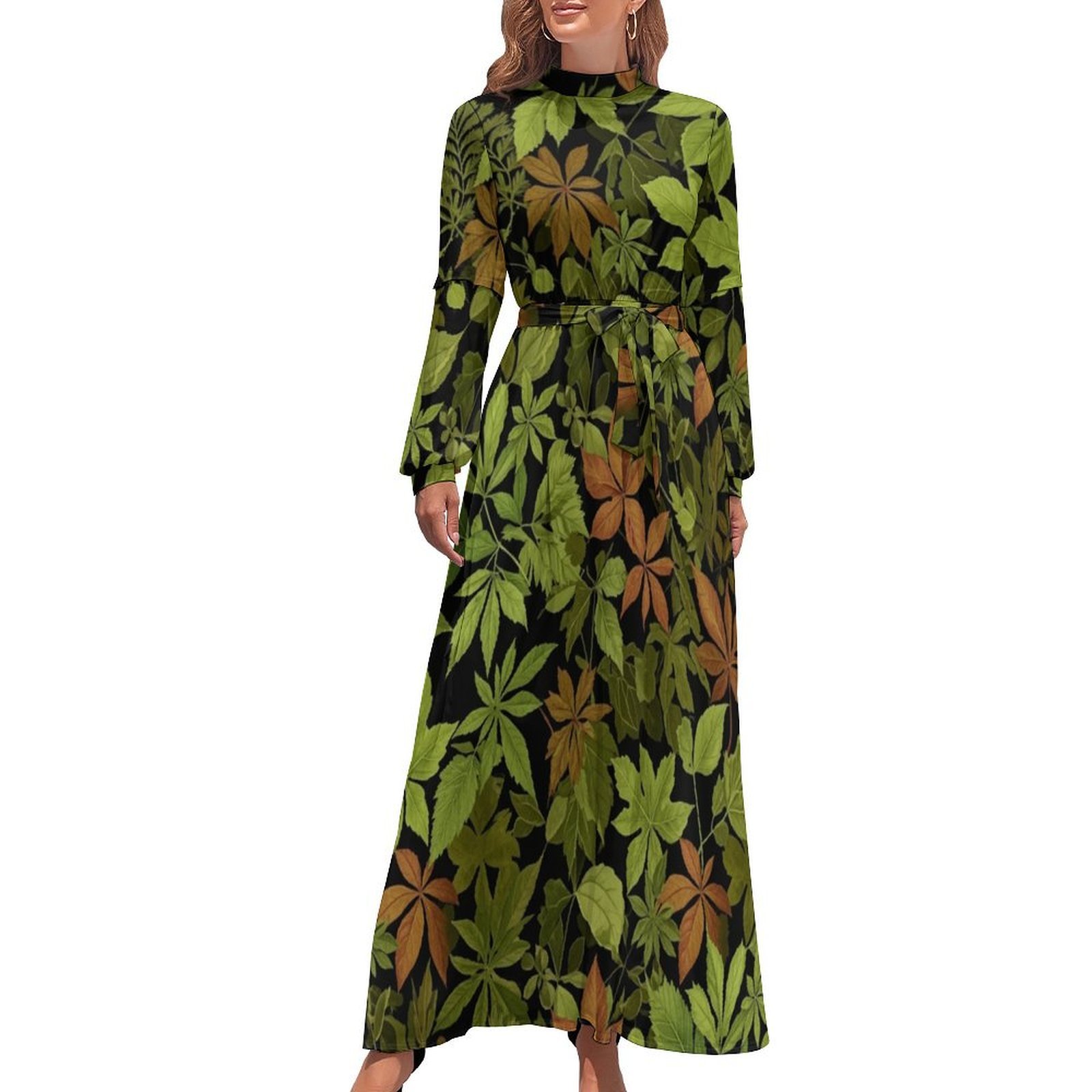 Autumn Leaf Pattern Women's Long Dress Long Sleeves Dress Vintage ...