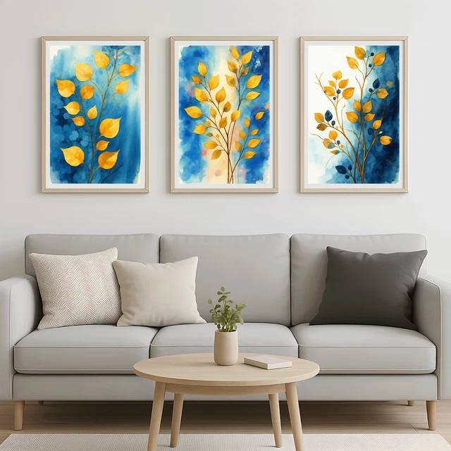 Autumn Leaf Posters Set of 3 | Yellow Leaves on Deep Blue Wall Art ...