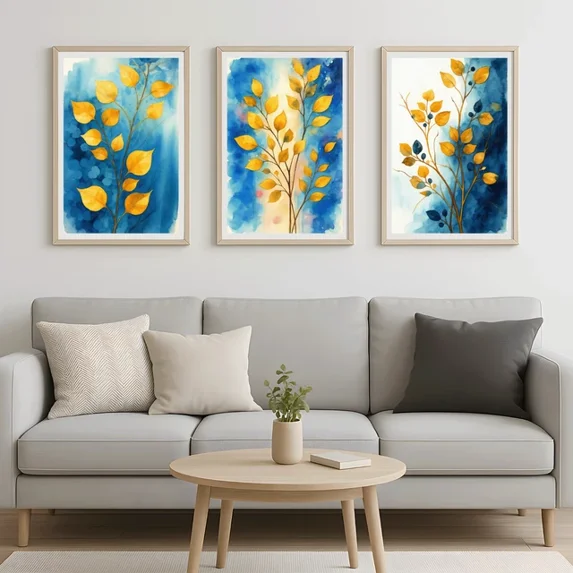 Autumn Leaf Posters Set of 3 | Yellow Leaves on Deep Blue Wall Art ...