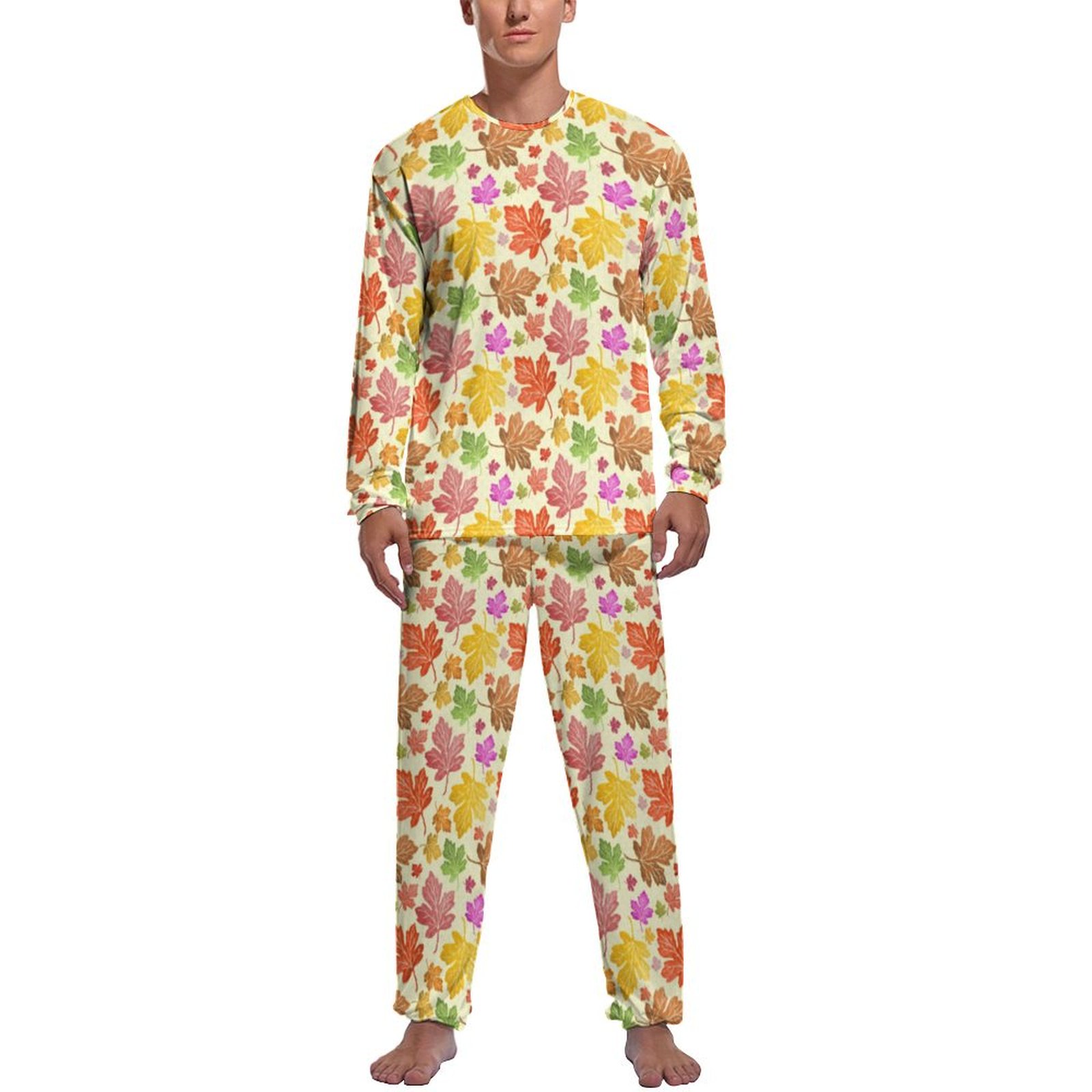 Autumn Leaf Print Pajamas Autumn Colorful Maple Leaves Sleep Nightwear Men Two Piece Design Long ...
