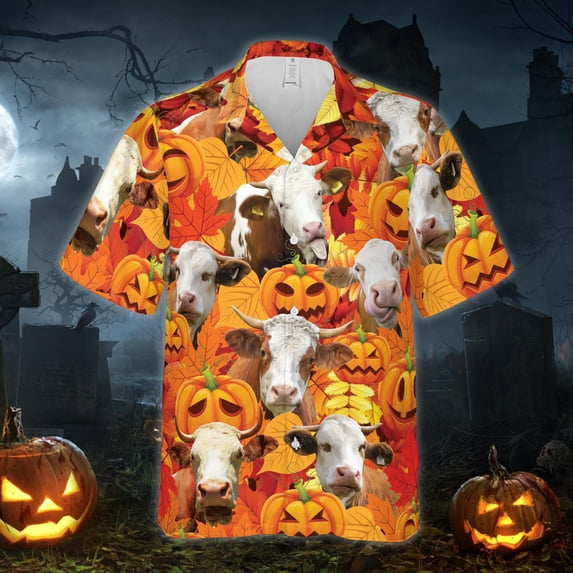 Autumn Leaf Simmental Cattle Pumpkin Hawaiian Shirt - Walmart.com