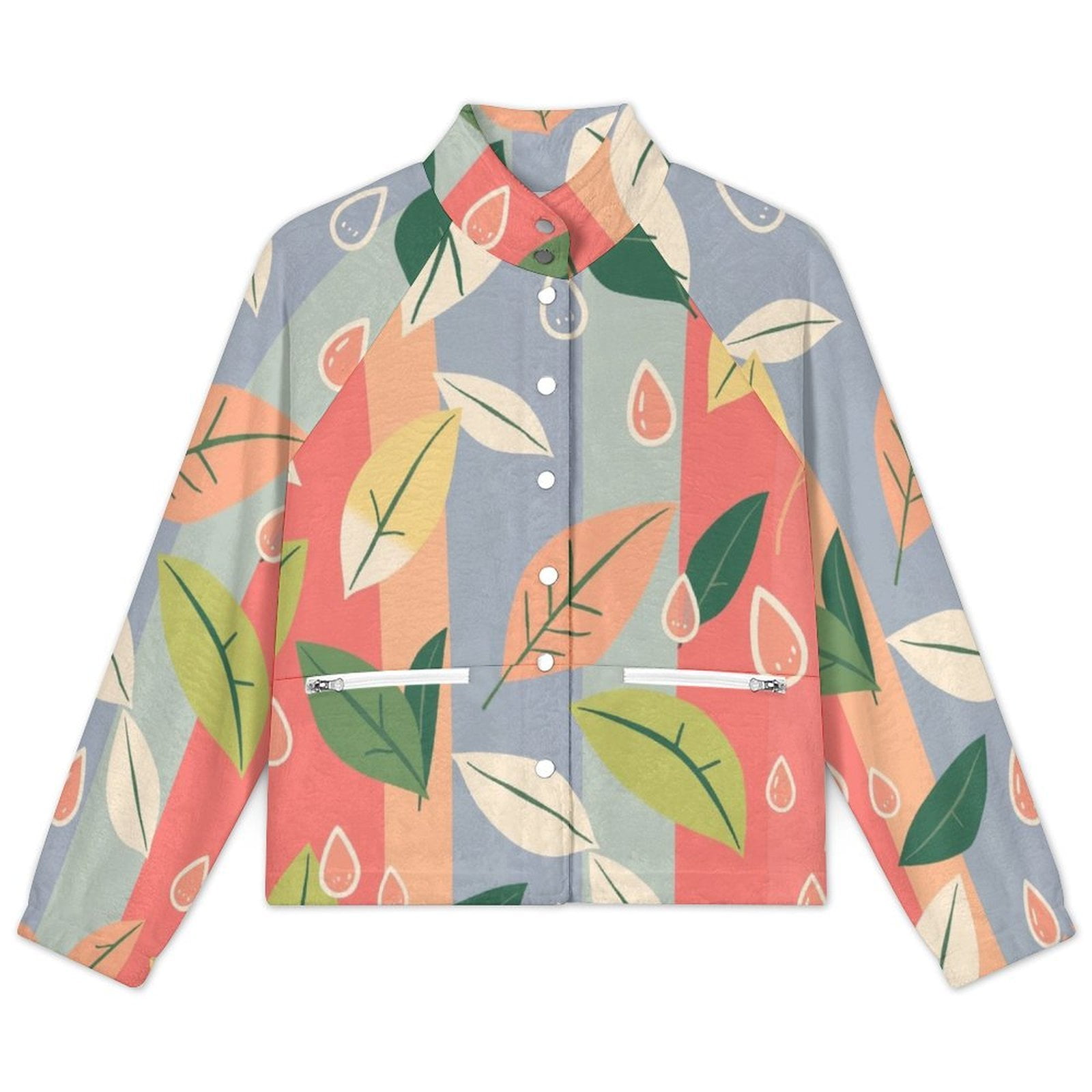 Autumn Leaf Stripes Pattern Jacket Women's Stand Collar Warm Outwear ...