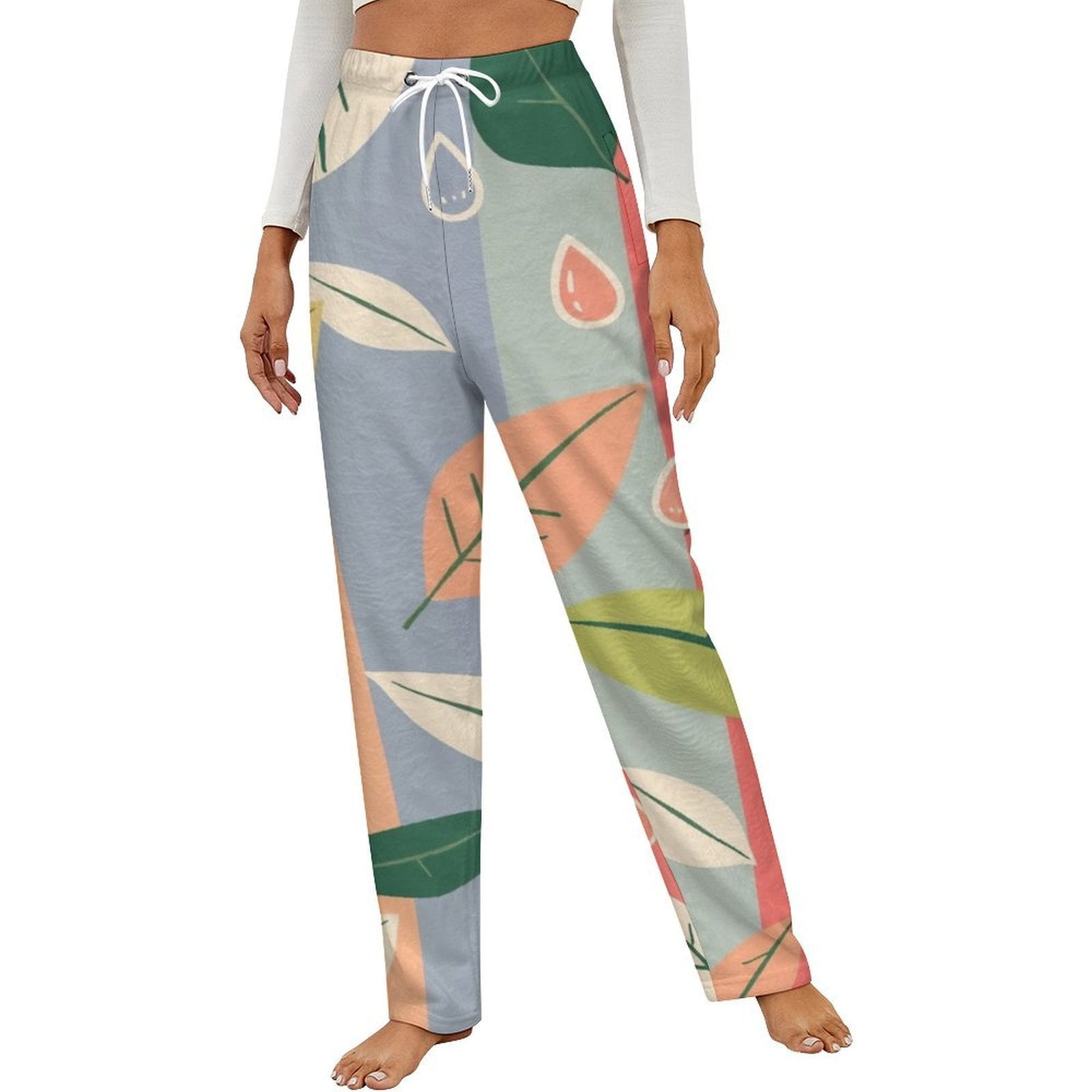 Autumn Leaf Stripes Pattern Winter Pajamas Pants Warm Flannel Home ...