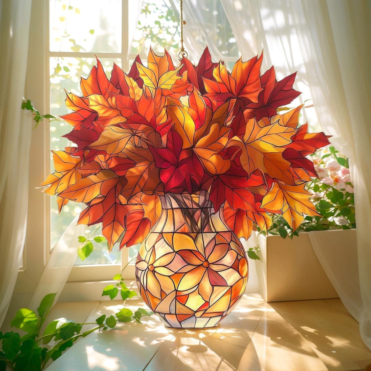 Autumn Leaves Acrylic Suncatcher - Faux Stained Glass Fall Vase Window ...