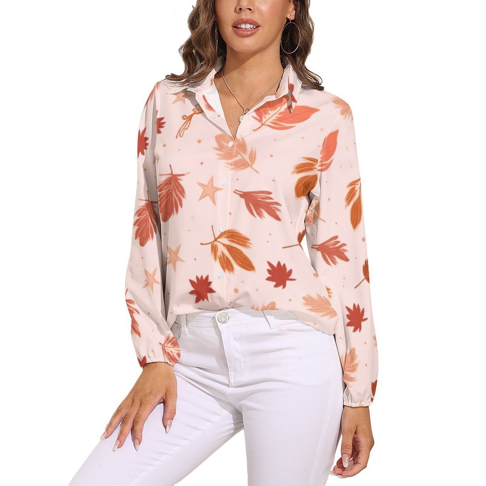 Autumn Leaves And Stars Pattern Blouse Ladies Shirts Floral Print Retro ...