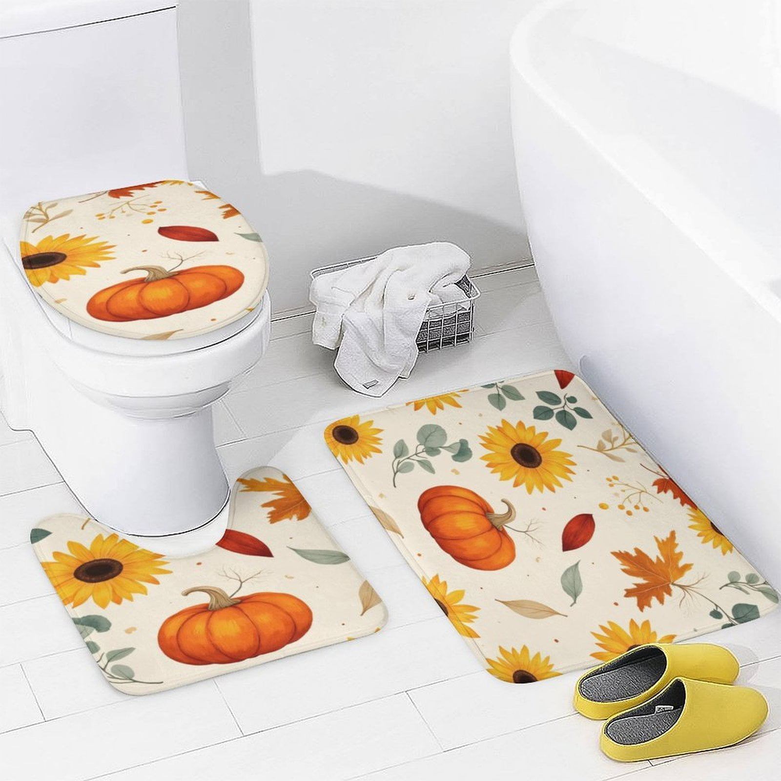 Autumn Leaves And Sunflowers Pattern Bathroom Mats Sets 3 Piece, Bath ...