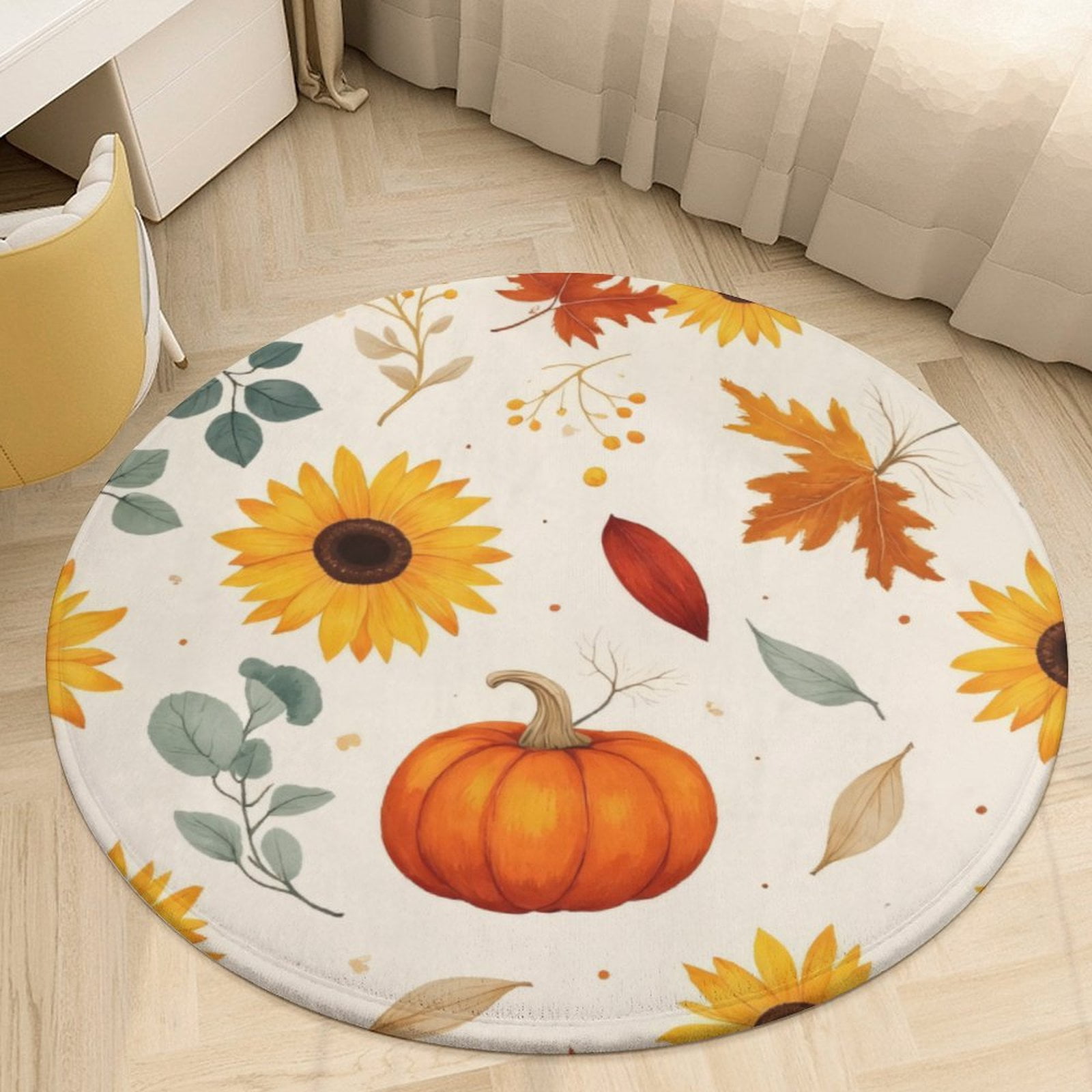 Autumn Leaves And Sunflowers Pattern Round Area Rugs for Bedroom Living ...