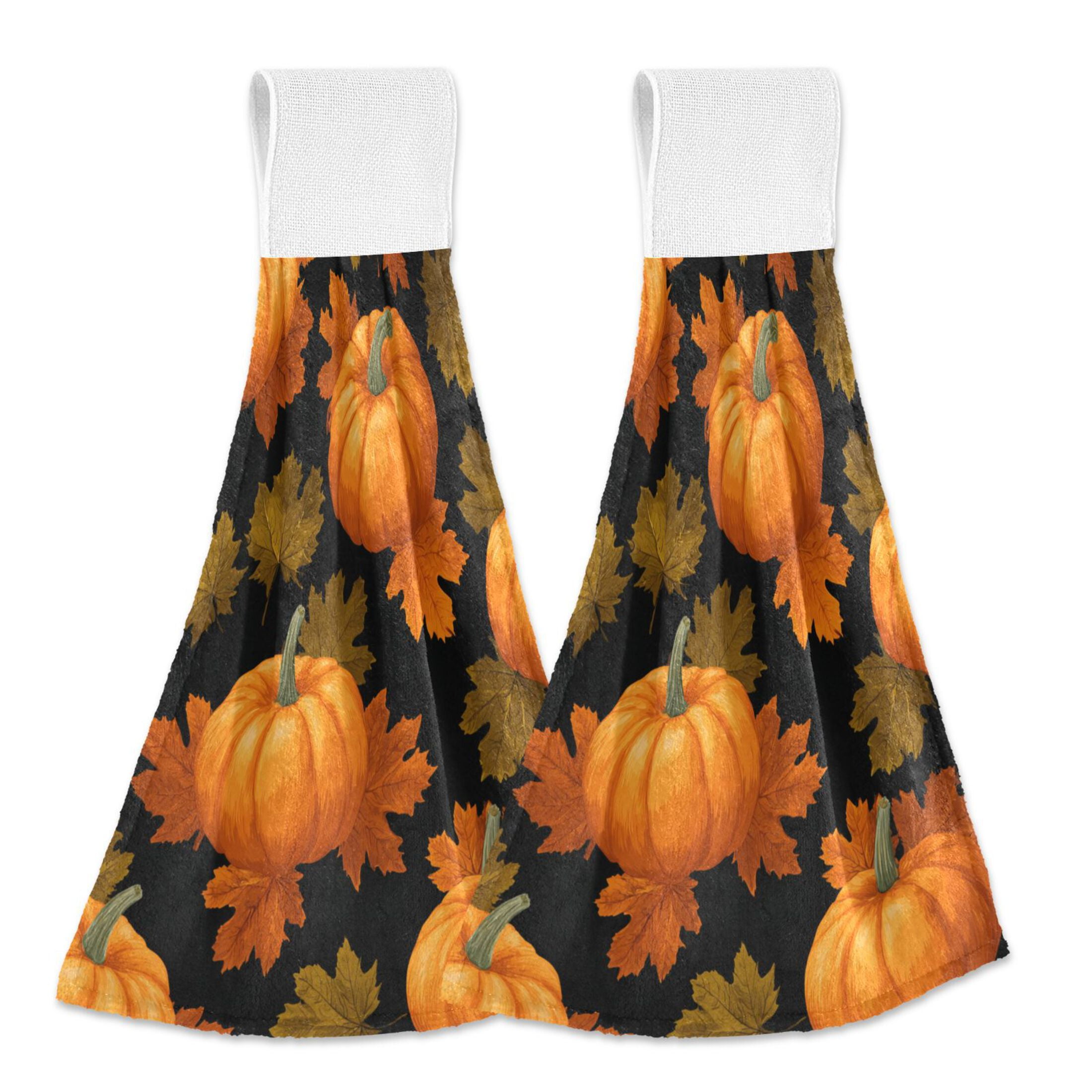 Autumn Leaves Background Thanksgiving Pumpkin Hanging Towels with Loop ...
