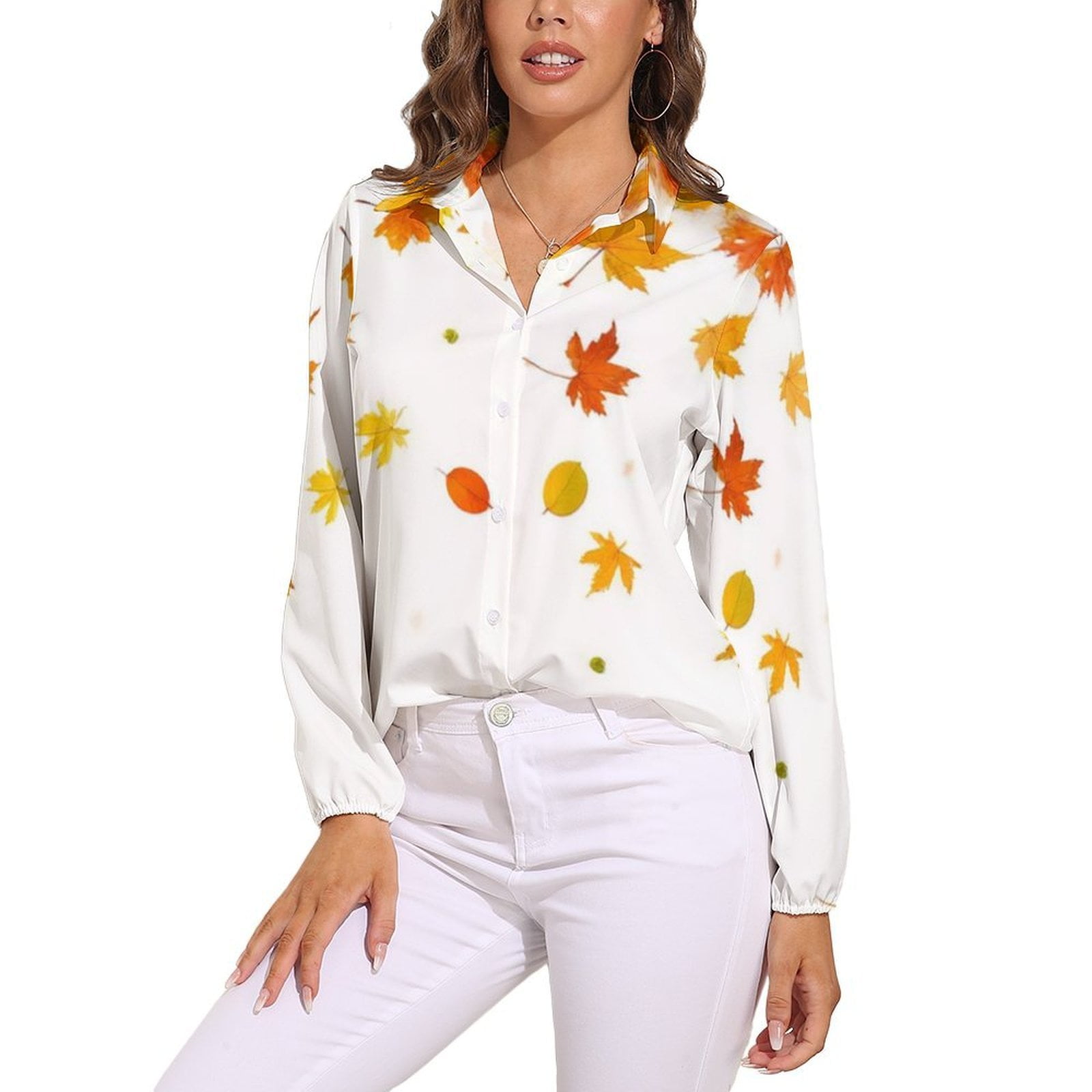 Autumn Leaves Border Vntage Casual Long Sleeve Shirt Blouse Woman Streetwear Summer Sun Beach ...