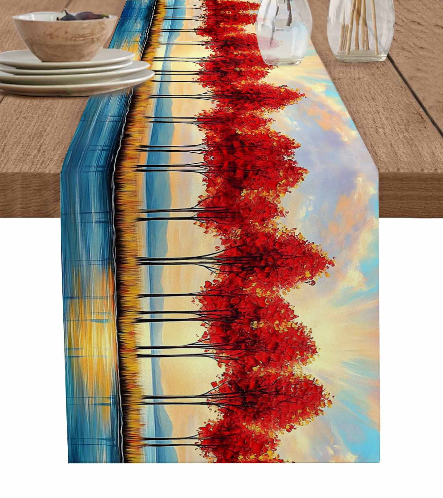 Autumn Leaves Burlap Cotton Table Runner 13x70 Inches Long, Orange ...