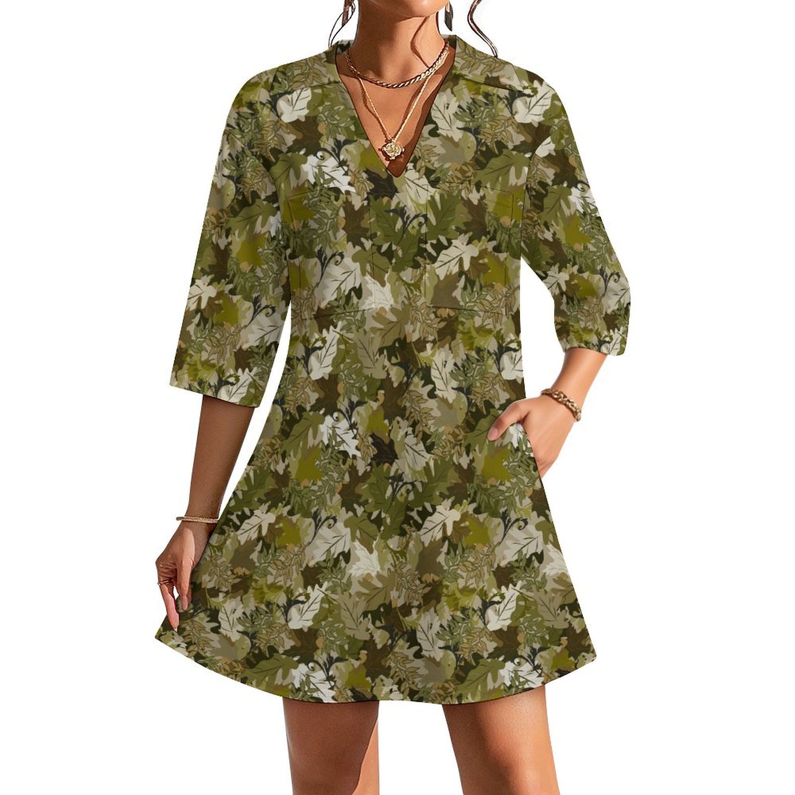 Autumn Leaves Camouflage Womens Dress With Pockets Summer V Neck 3/4 ...