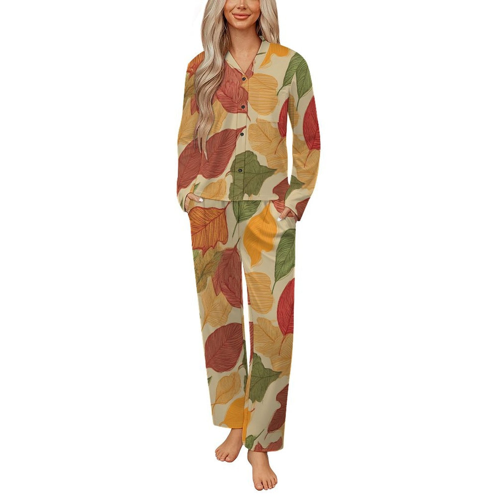 Autumn Leaves Colorful Pattern Design Womens Pyjamas Set Button Up ...