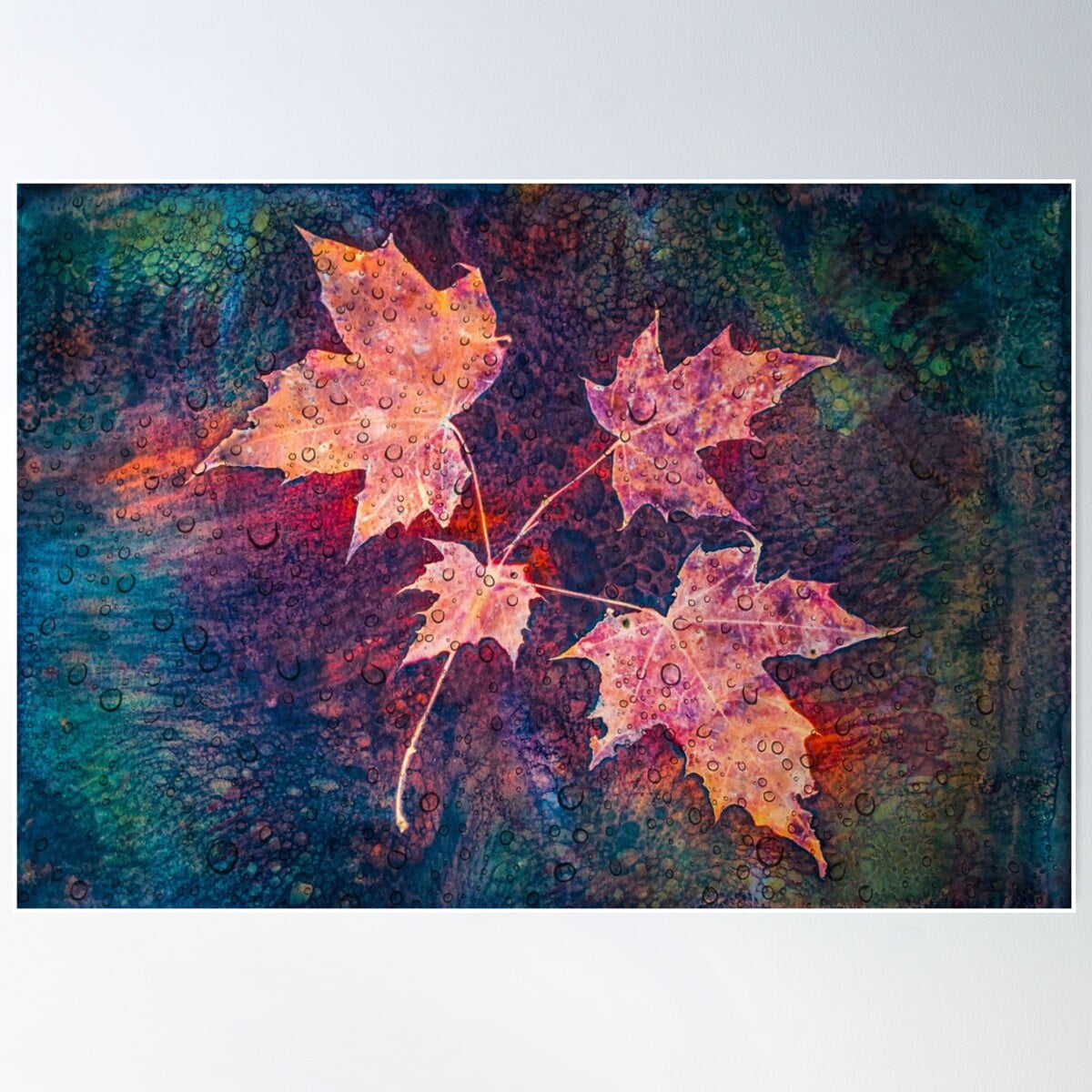 Autumn Leaves Cyanotype With Rain Drops 1 Poster Wall Art Modern Wall ...