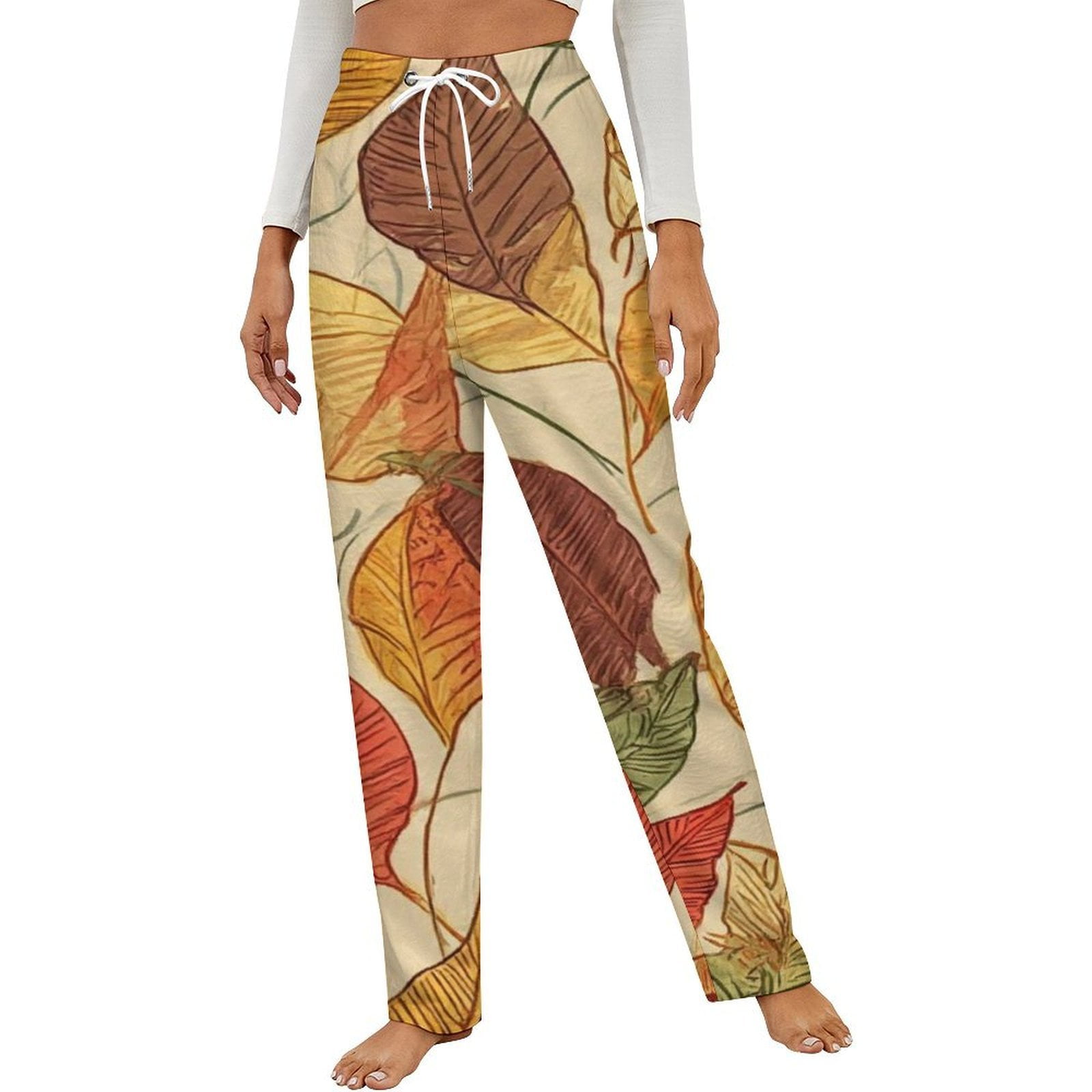 Autumn Leaves Fall Pattern Design Winter Female Pants Flannel High ...