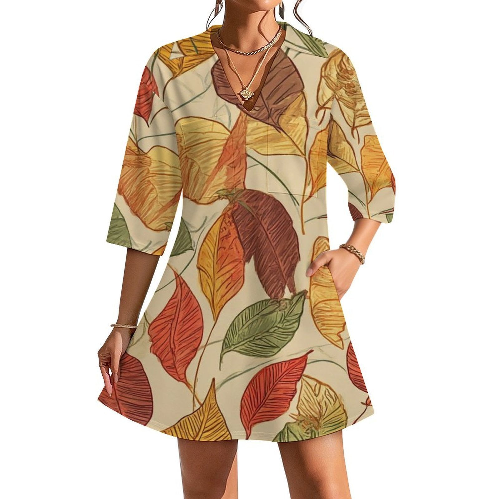 Autumn Leaves Fall Pattern Design Womens Dress With Pockets Summer V ...