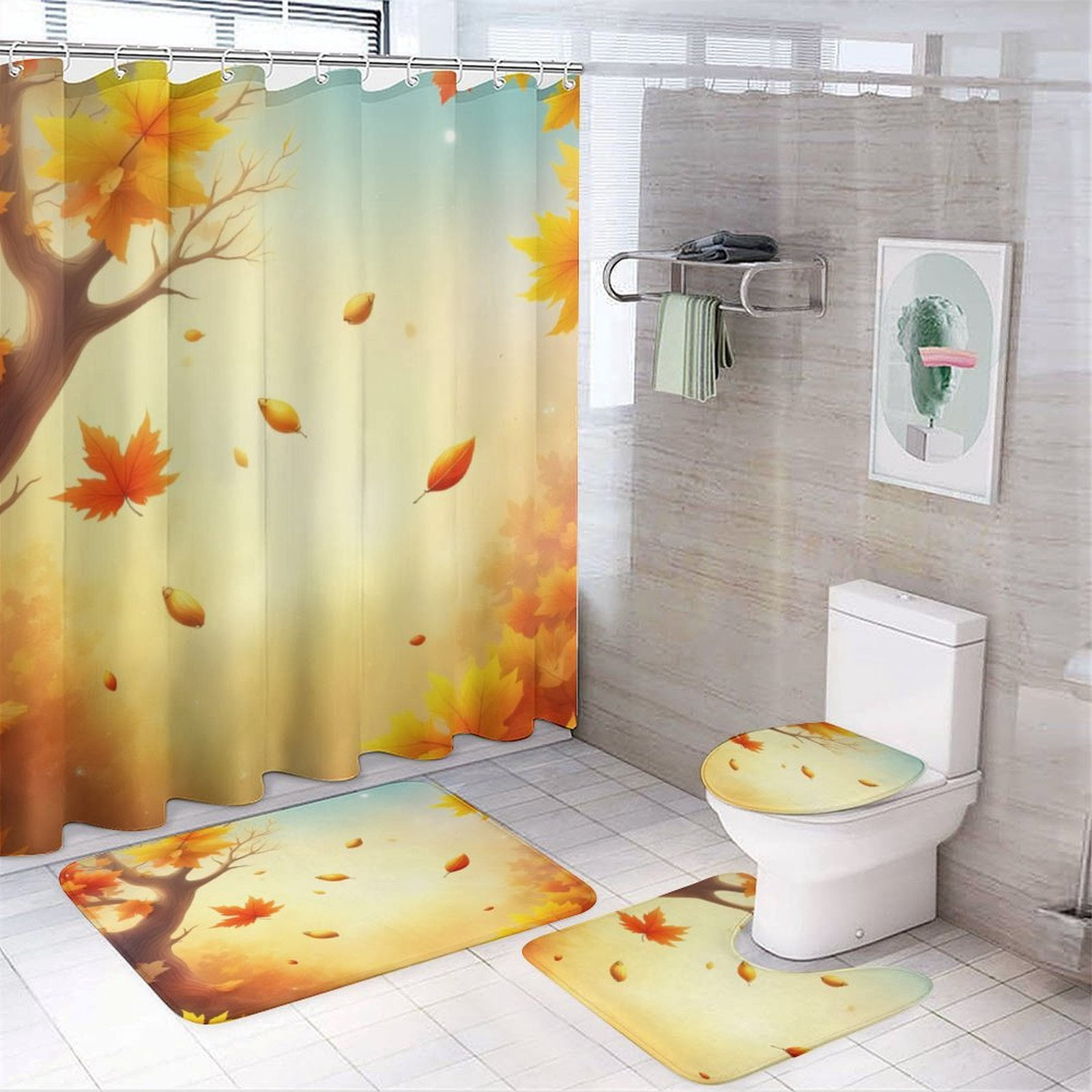 Autumn Leaves Falling Background Shower Curtain Sets Non-Slip Rugs Bath ...