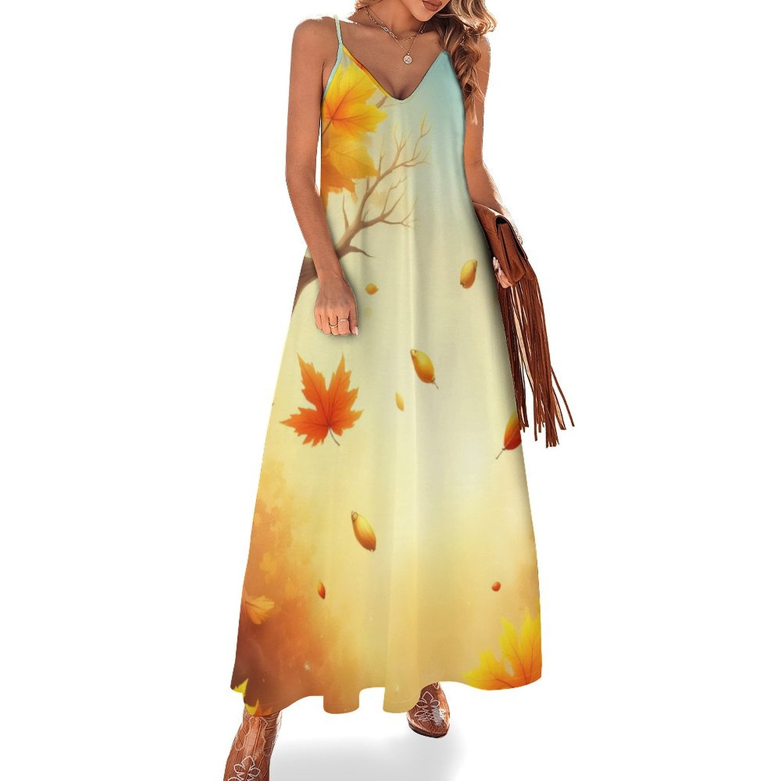 Autumn Leaves Falling Background Sleeveless Dress Women's Luxury Party ...