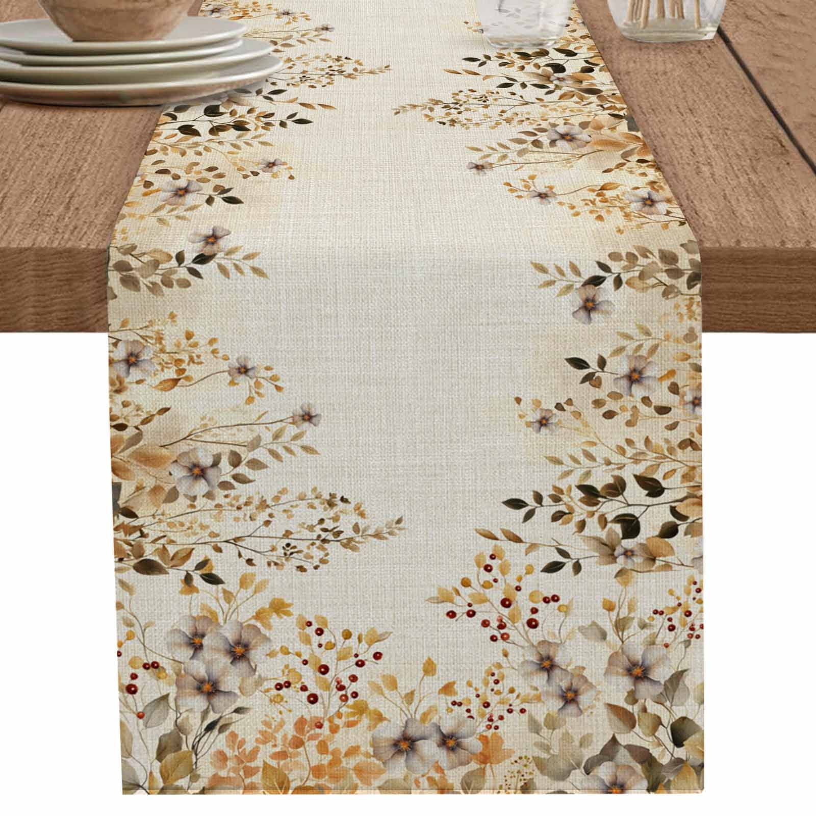 Autumn Leaves Flower on Vintage Linen Table Runner-70 Inch Long ...