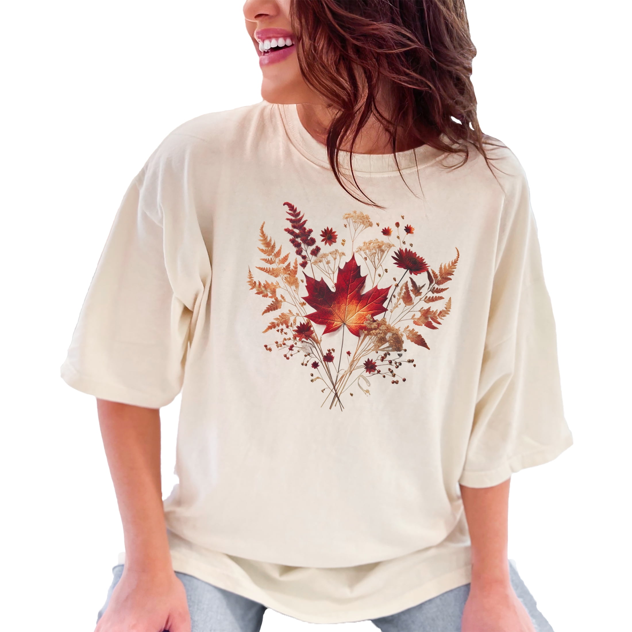 Autumn Leaves and Flowers Graphic Tee, Seasonal Fall Floral Print T ...