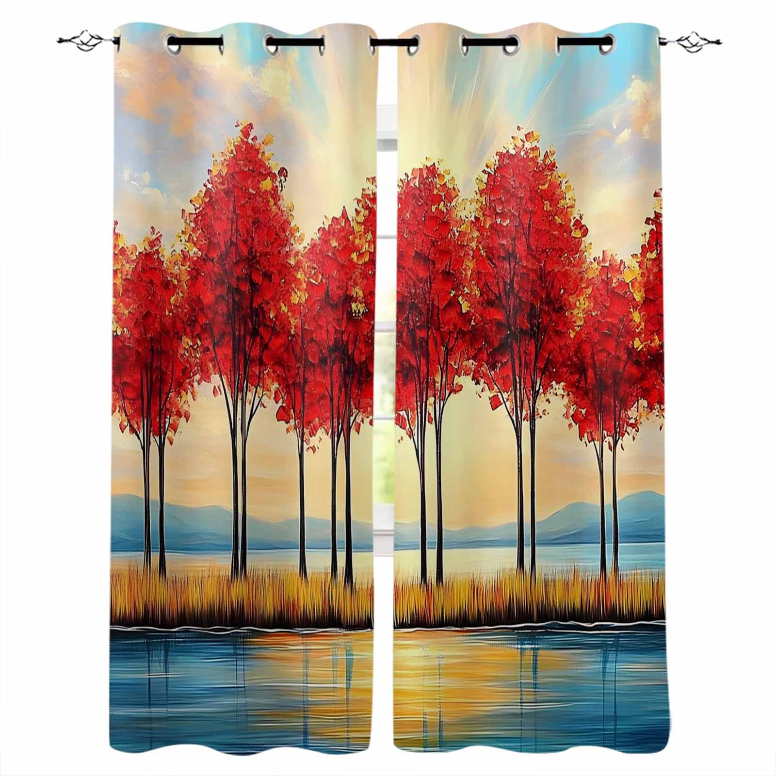 Autumn Leaves Kitchen Curtains Orange Sunrise Ombre Lake Reflection ...