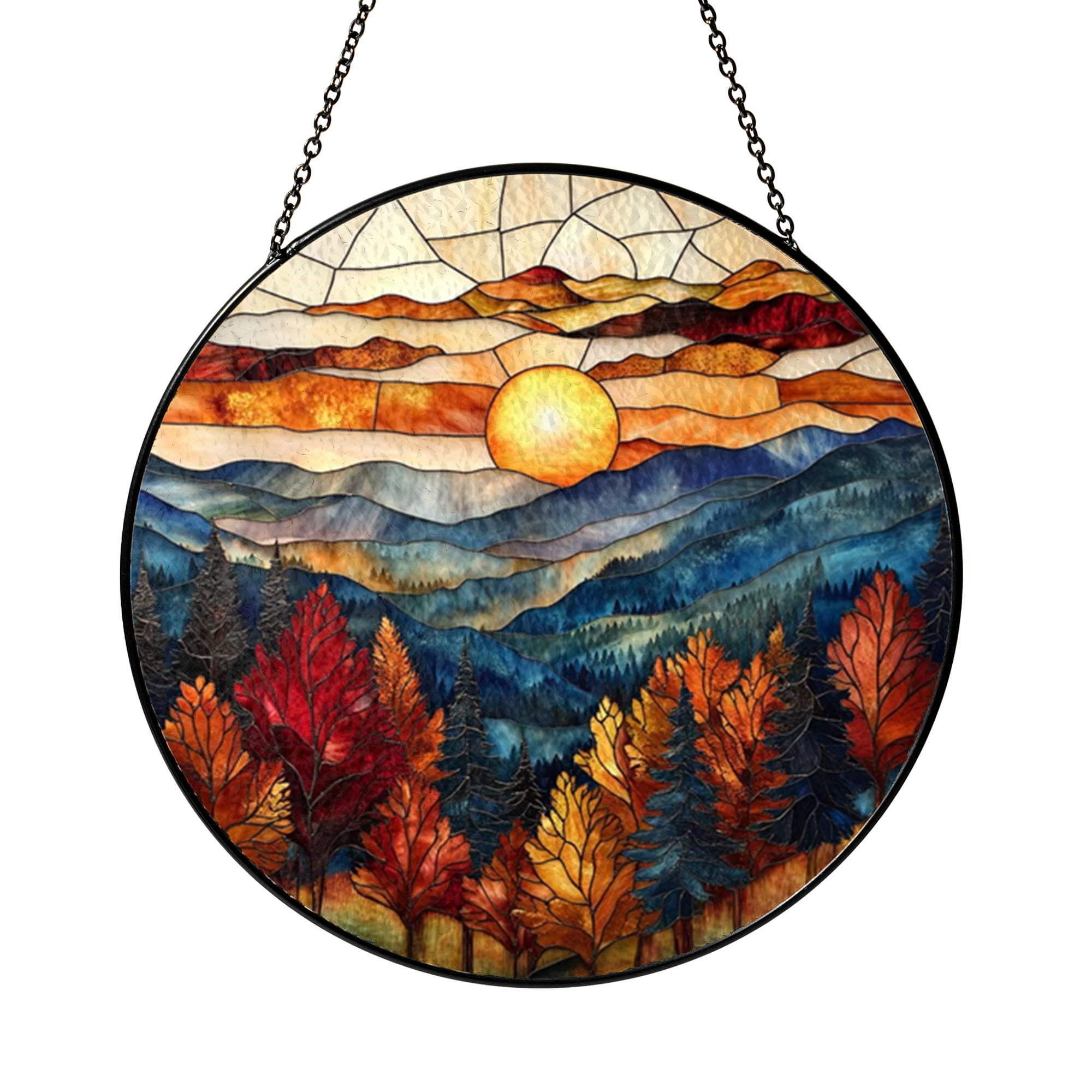Autumn Leaves Landscape Stained Glass Style Suncatcher Window Hanging ...