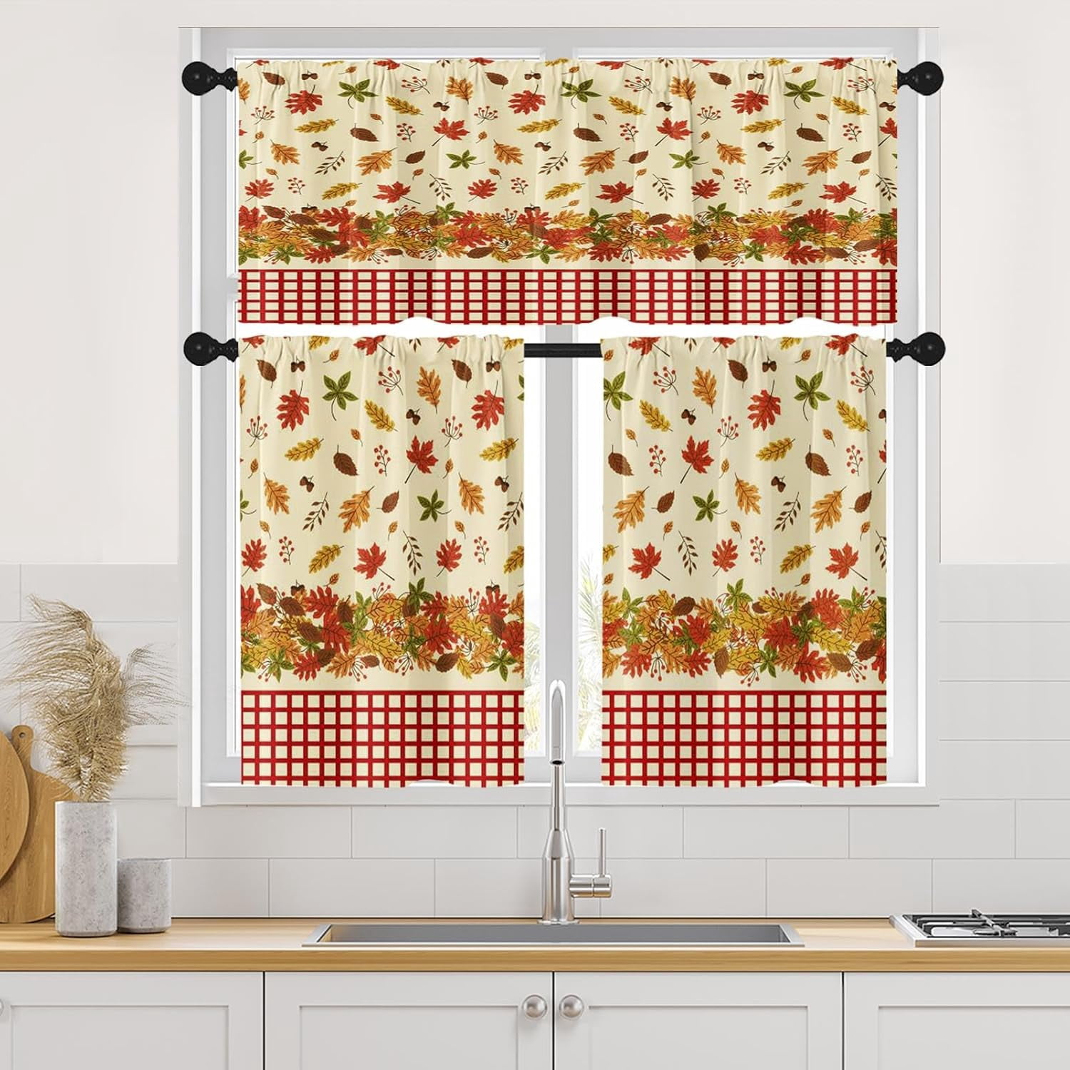 Autumn Leaves Leaf Kitchen Curtains with Valance and Tier Sets 36 Inch ...