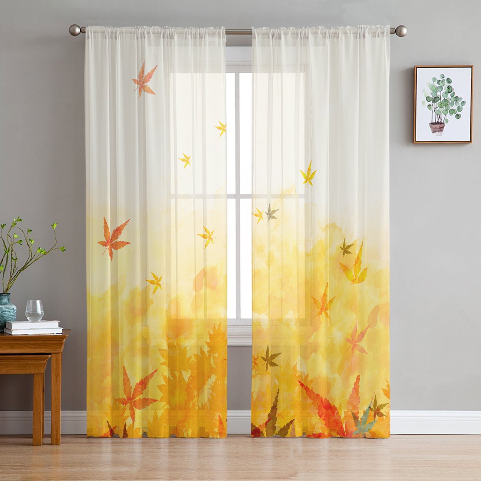 Autumn Leaves Oil Painting Sheer Curtains for Living Room Printed Tulle ...
