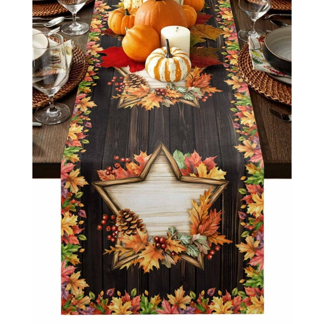 Autumn Leaves Pine Cones Table Runner-70 Inch Long Vintage Pentagram ...