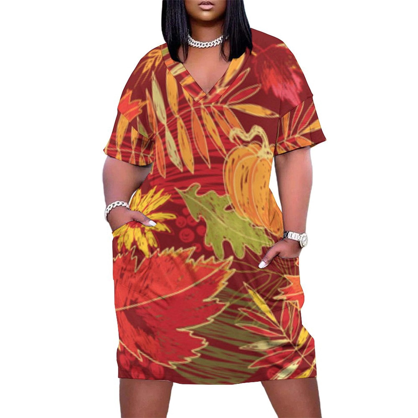 Autumn Leaves Pumpkin Harvest Design Summer Sundress for Curve Women ...