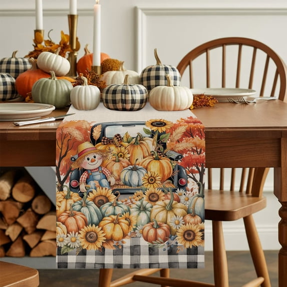 Autumn Leaves Pumpkin Thanksgiving on Linen Table Runner 13x90in Non ...