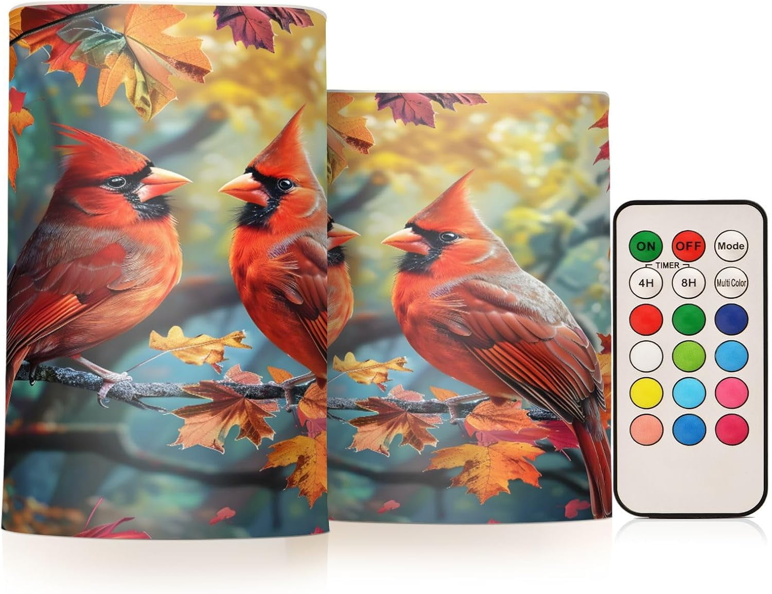 Autumn Leaves Red Cardinal Birds Flickering Flameless Candles Operated ...