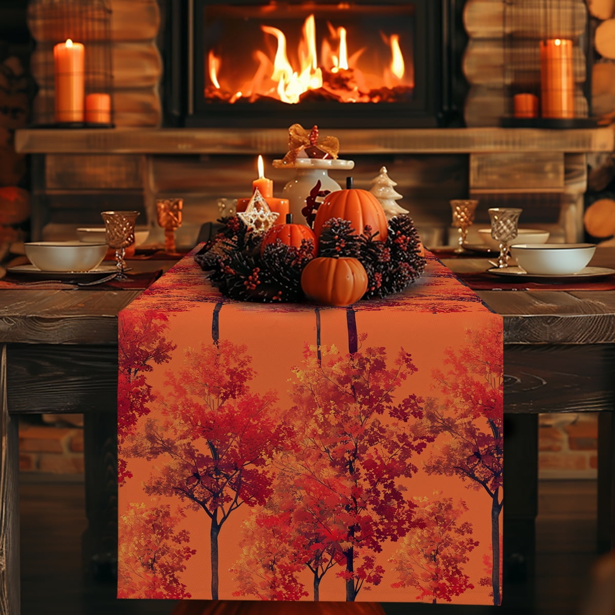 Autumn Leaves Red Table Runner Dresser r for Kitchen Holiday Party ...