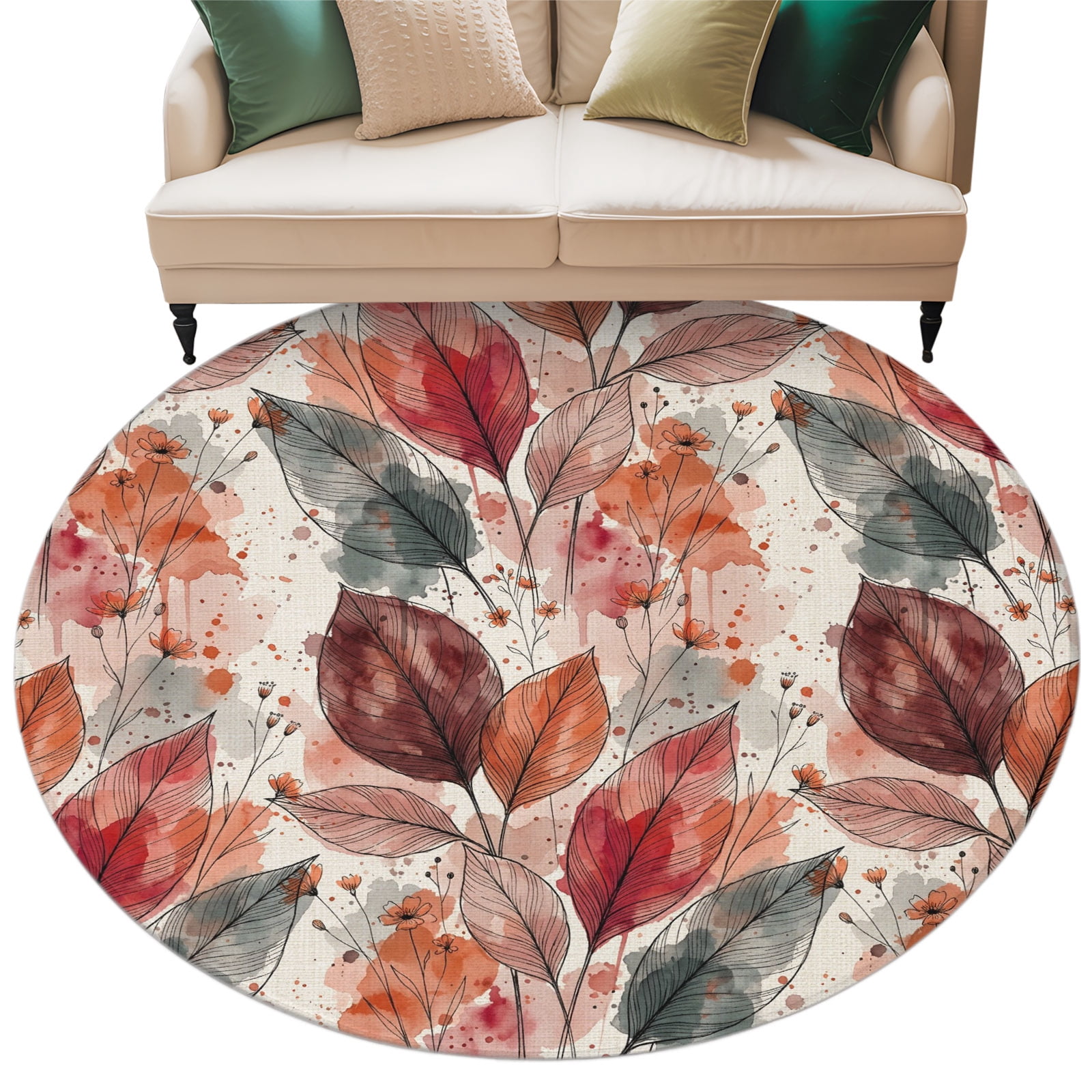 Autumn Leaves Round Living Room Rugs 6 ft, Botanical Rustic Red ...