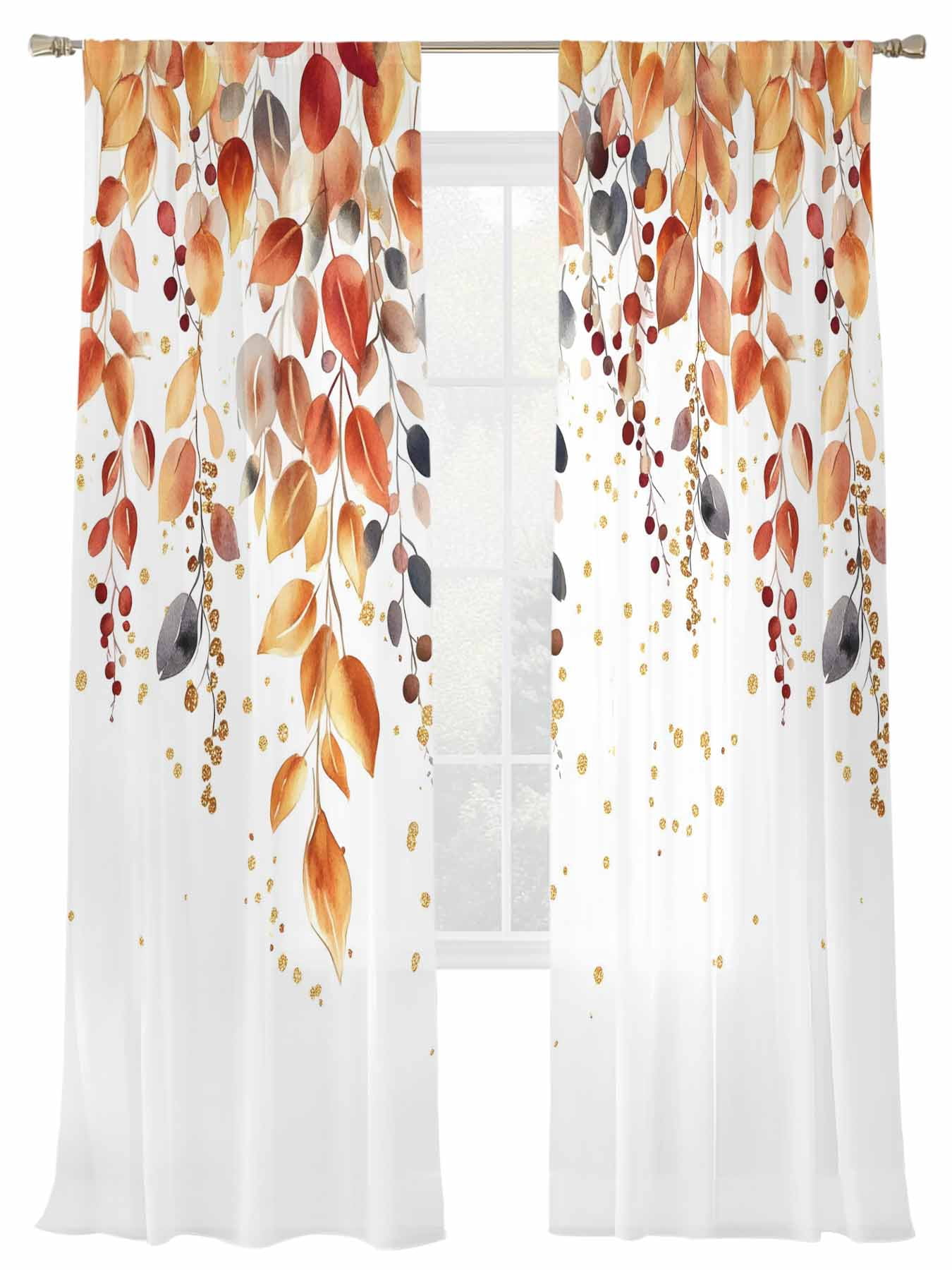 Autumn Leaves Sheer Curtains 2 Panels Set Eucalyptus Leaf Watercolor ...