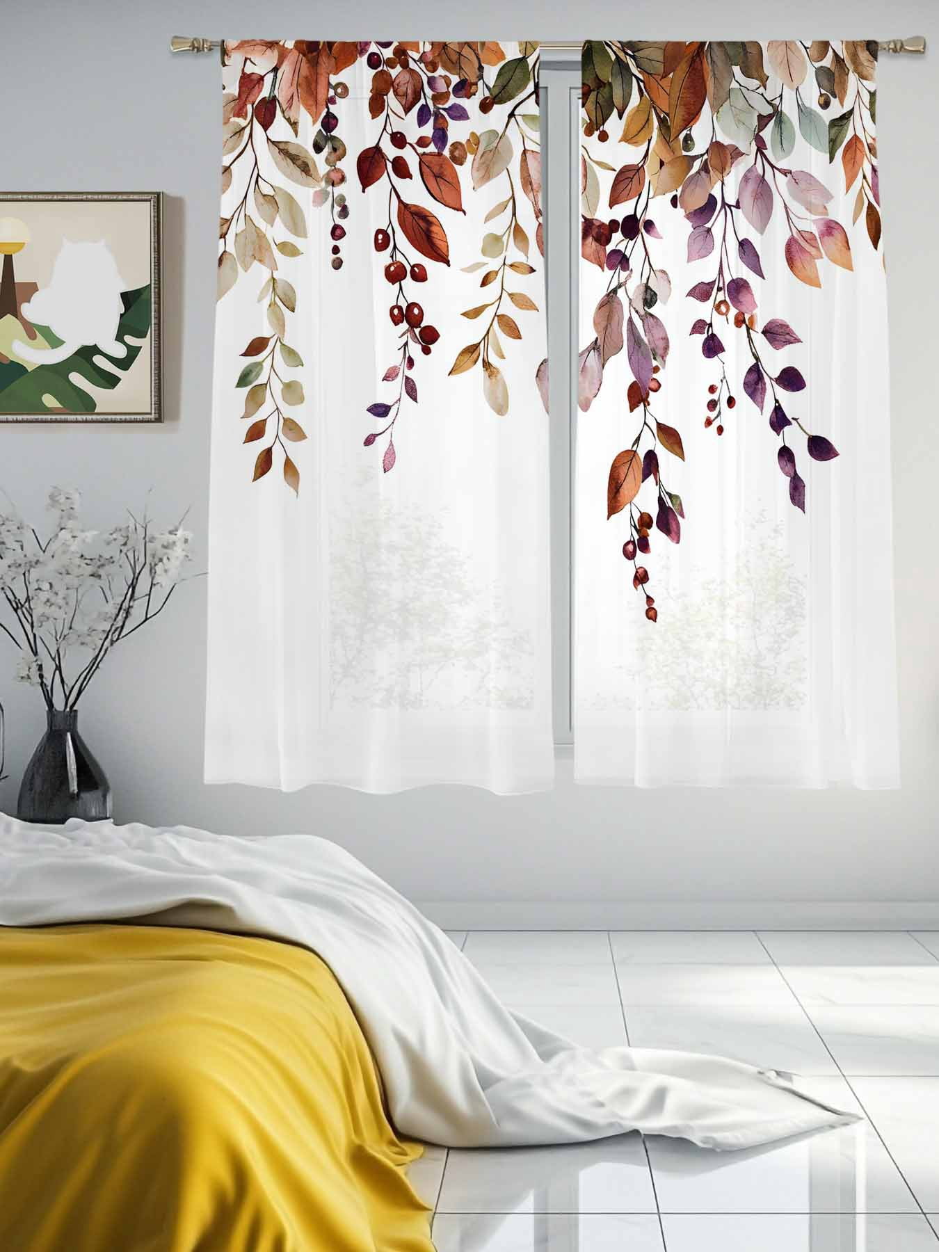 Autumn Leaves Sheer Curtains 72 Inches Long 2 Panels, Semi Sheer Rod ...