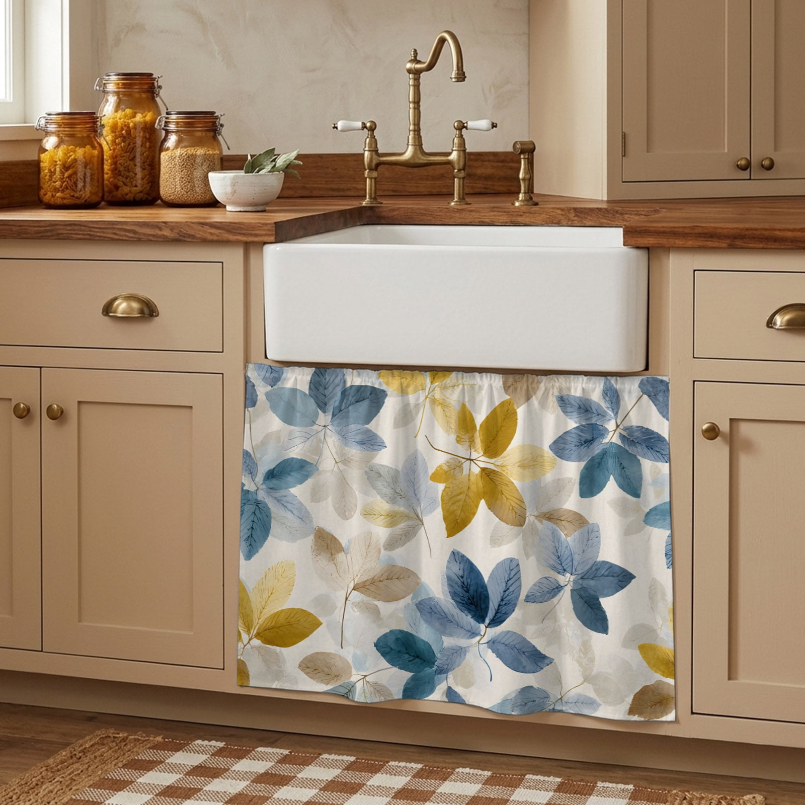 Autumn Leaves Small Cabinet Curtains 11"W x 13"L, Vintage Blue Yellow ...